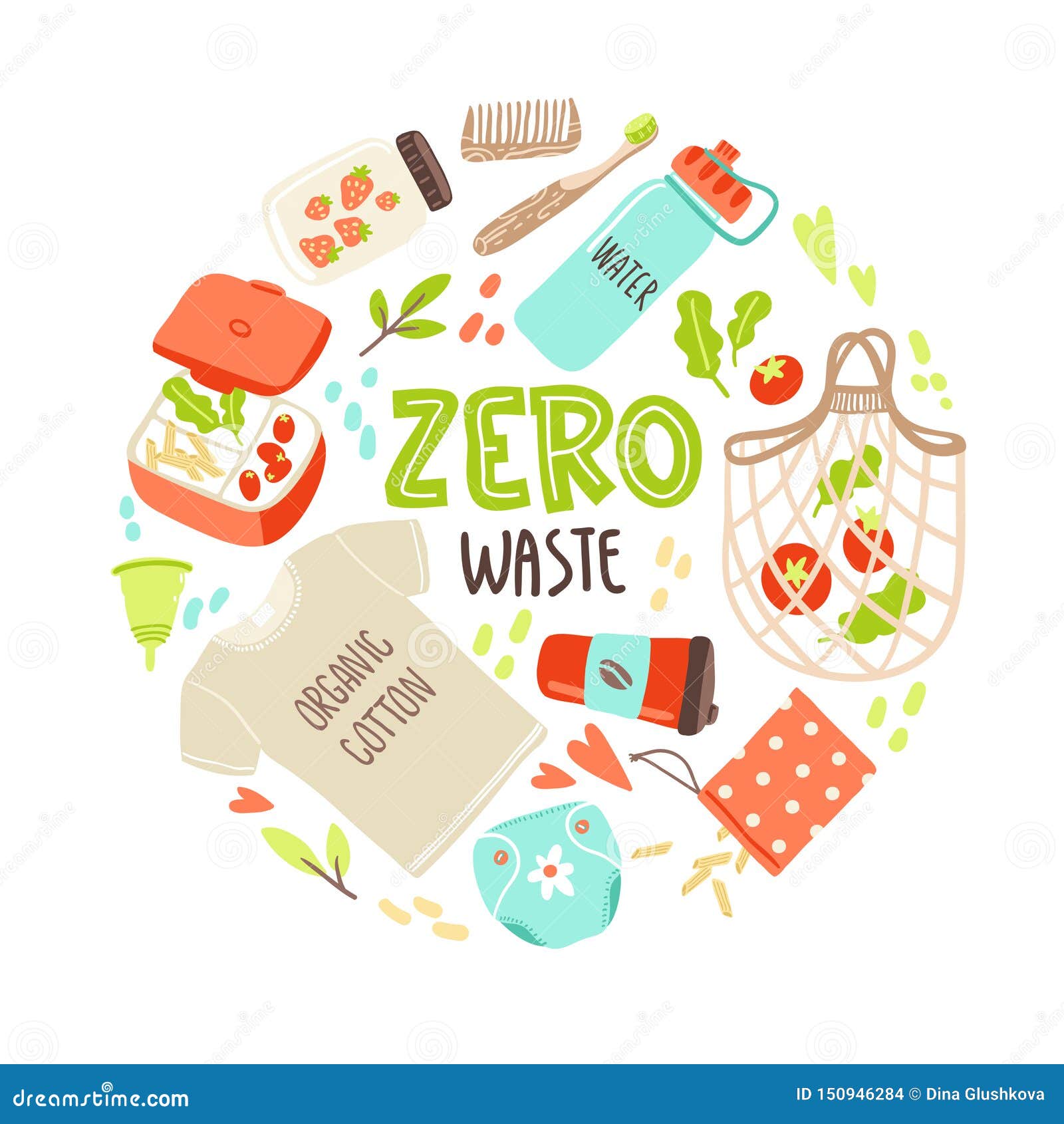Vector Round Illustration with Hand Drawn Elements of Zero Waste Life ...