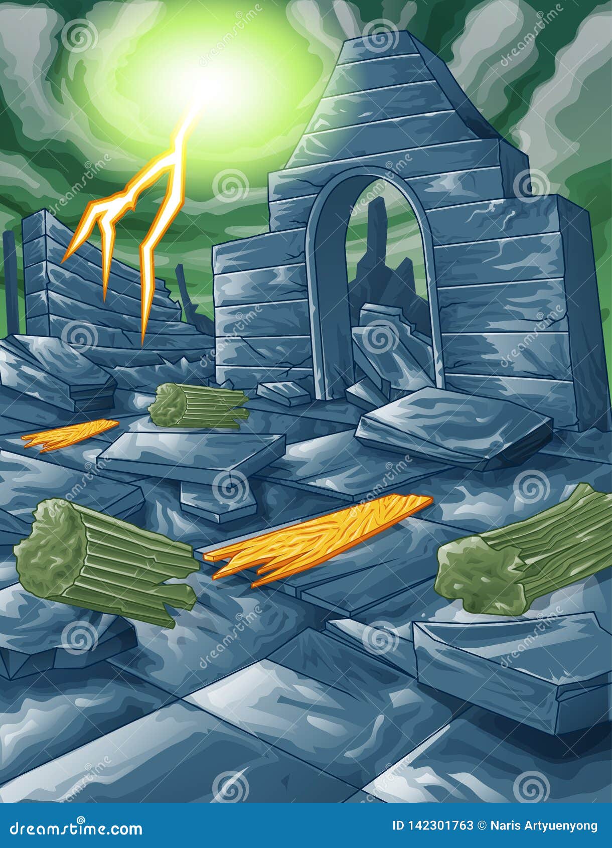 Vector Ruin of Building and Thunderbolt Sky. Stock Vector ...