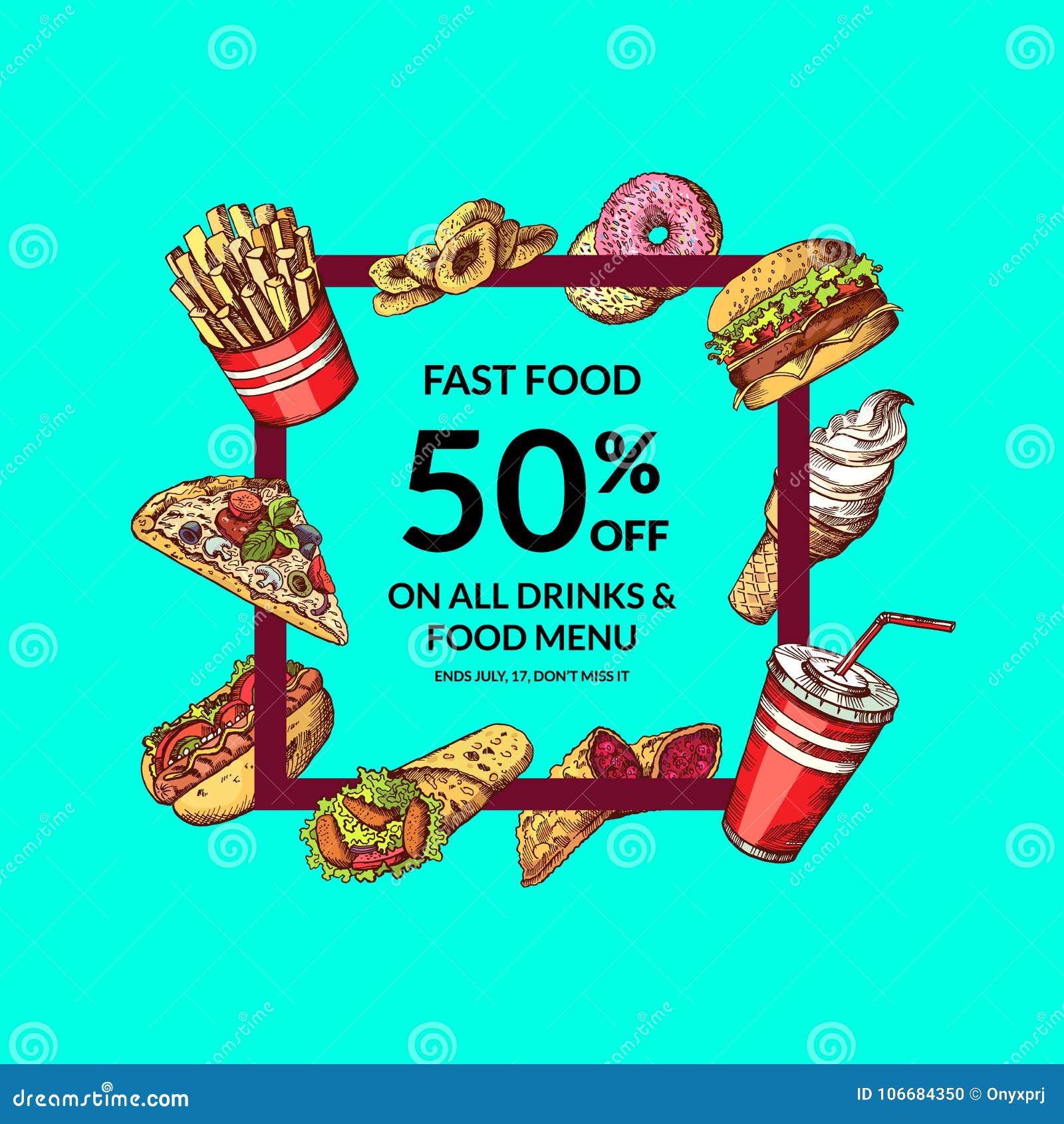 Vector Sale Illustration with Colored Hand Drawn Fast Food Elements ...