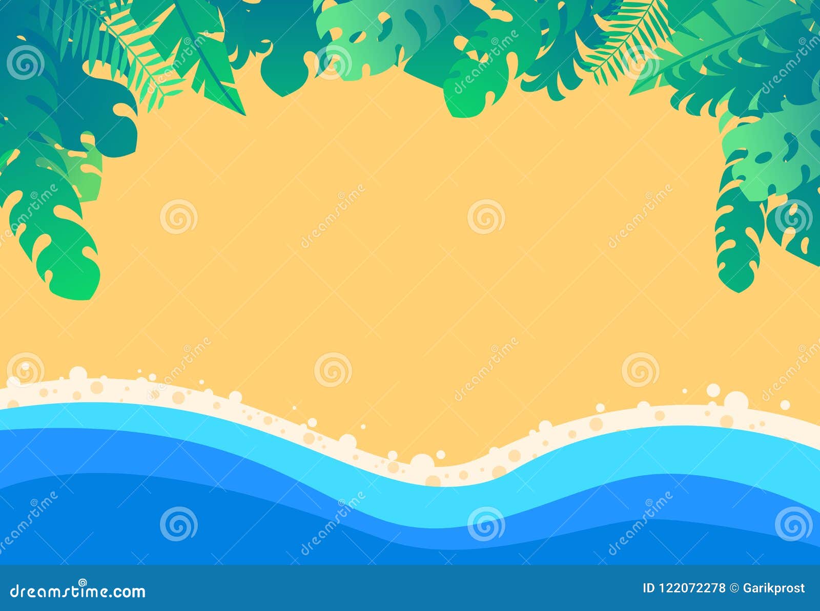 Vector Sandy Beach with Tropical Jungle Exotic Leaves Background Stock ...