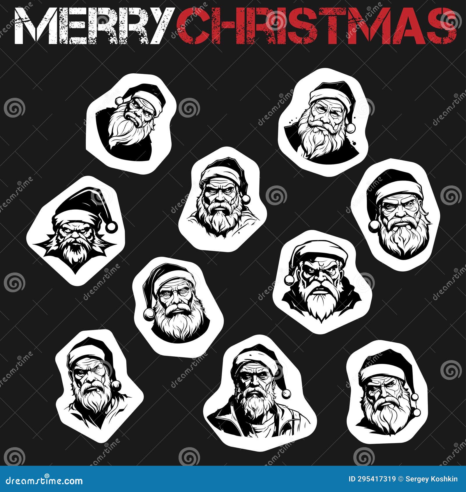Vector Santa Claus Sticker Collection. Set of Angry Santa, Black and ...