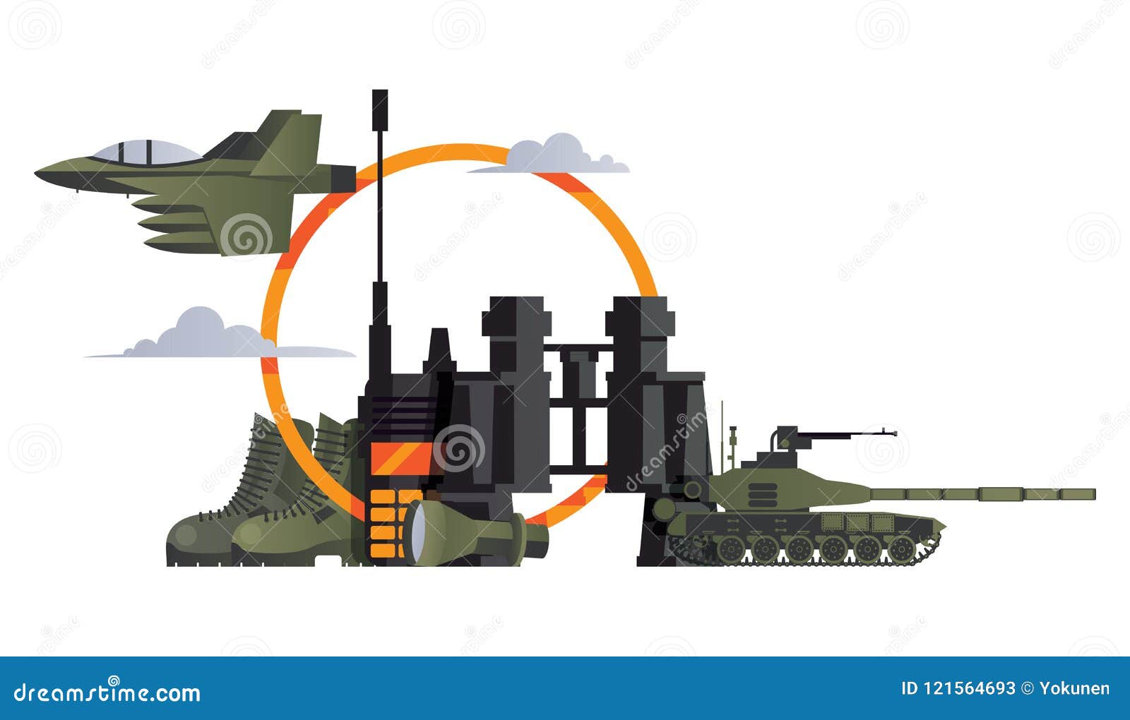 Vector Scene with Military Objects Isolated on White. Army Concept ...