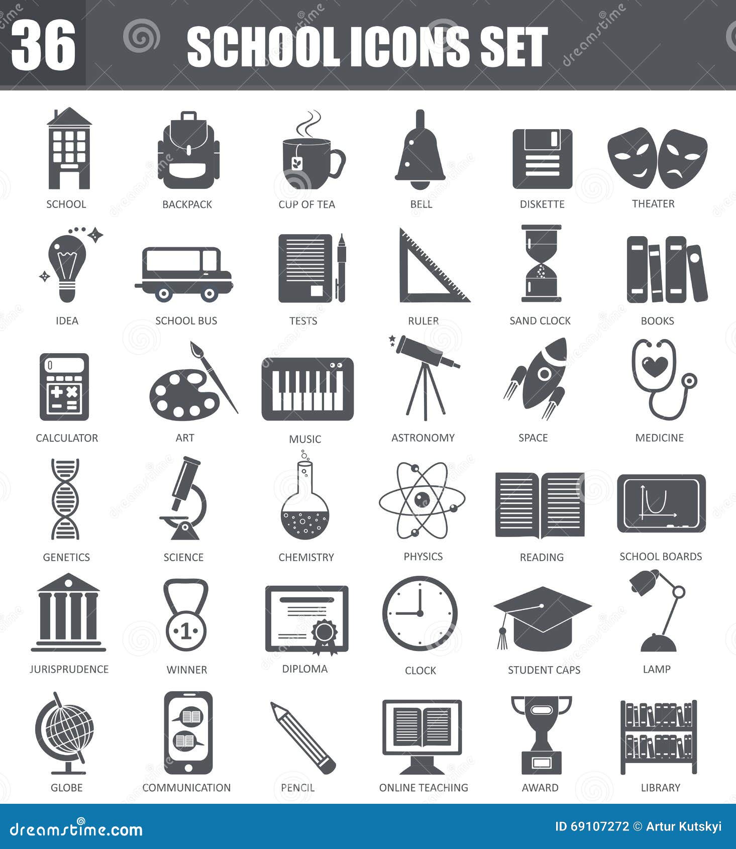 Vector School Black Icons Set. Dark Grey Symbols on White Background ...