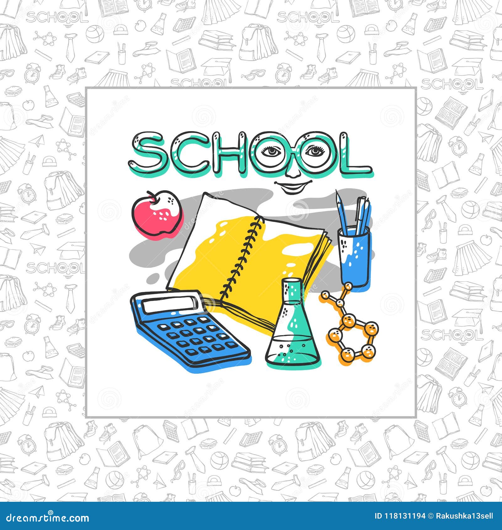 Vector School Objects Design with Seamless Pattern Background ...