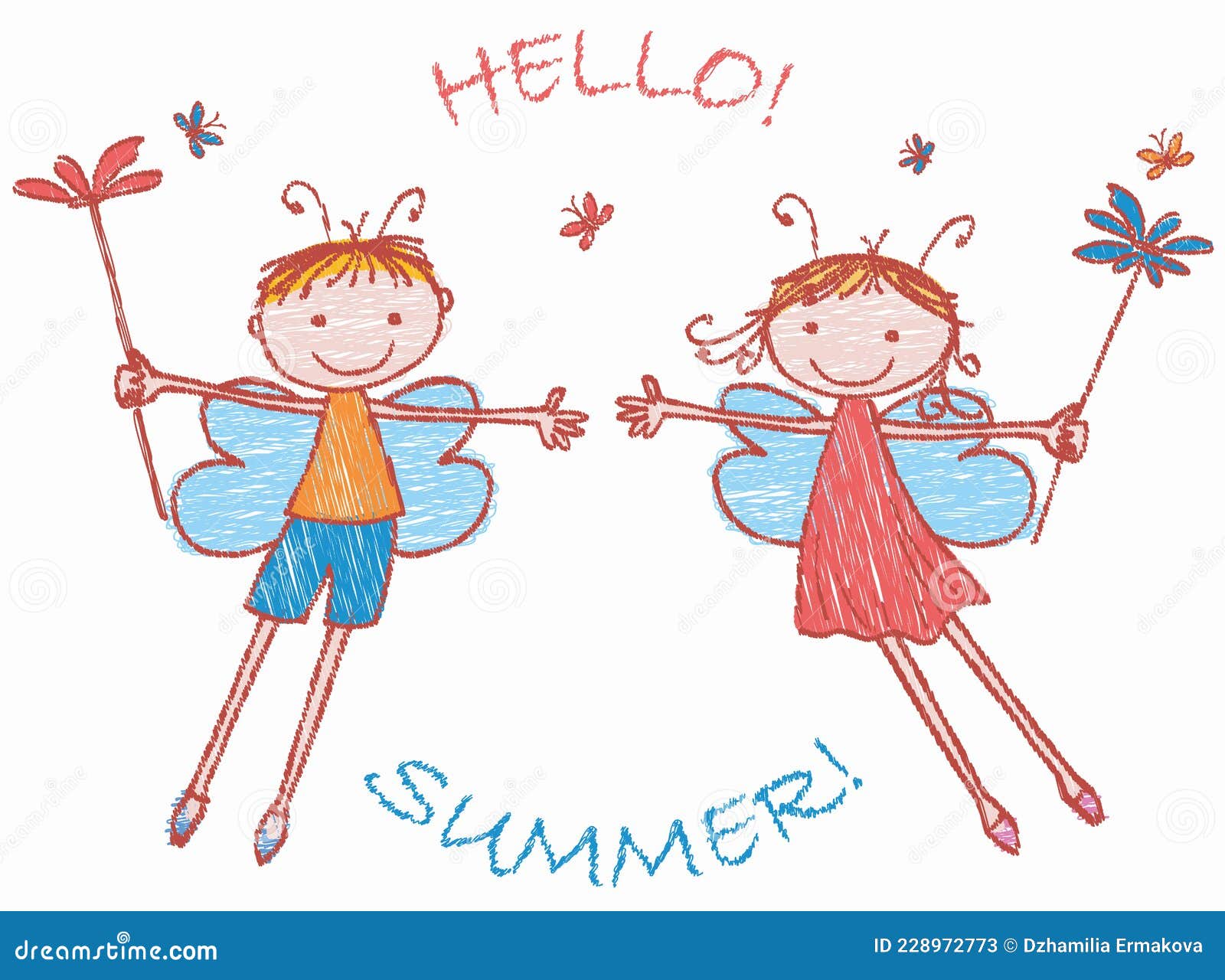 Vector Scribble Drawing of Two Cheerful Flying Summer Elves Stock ...