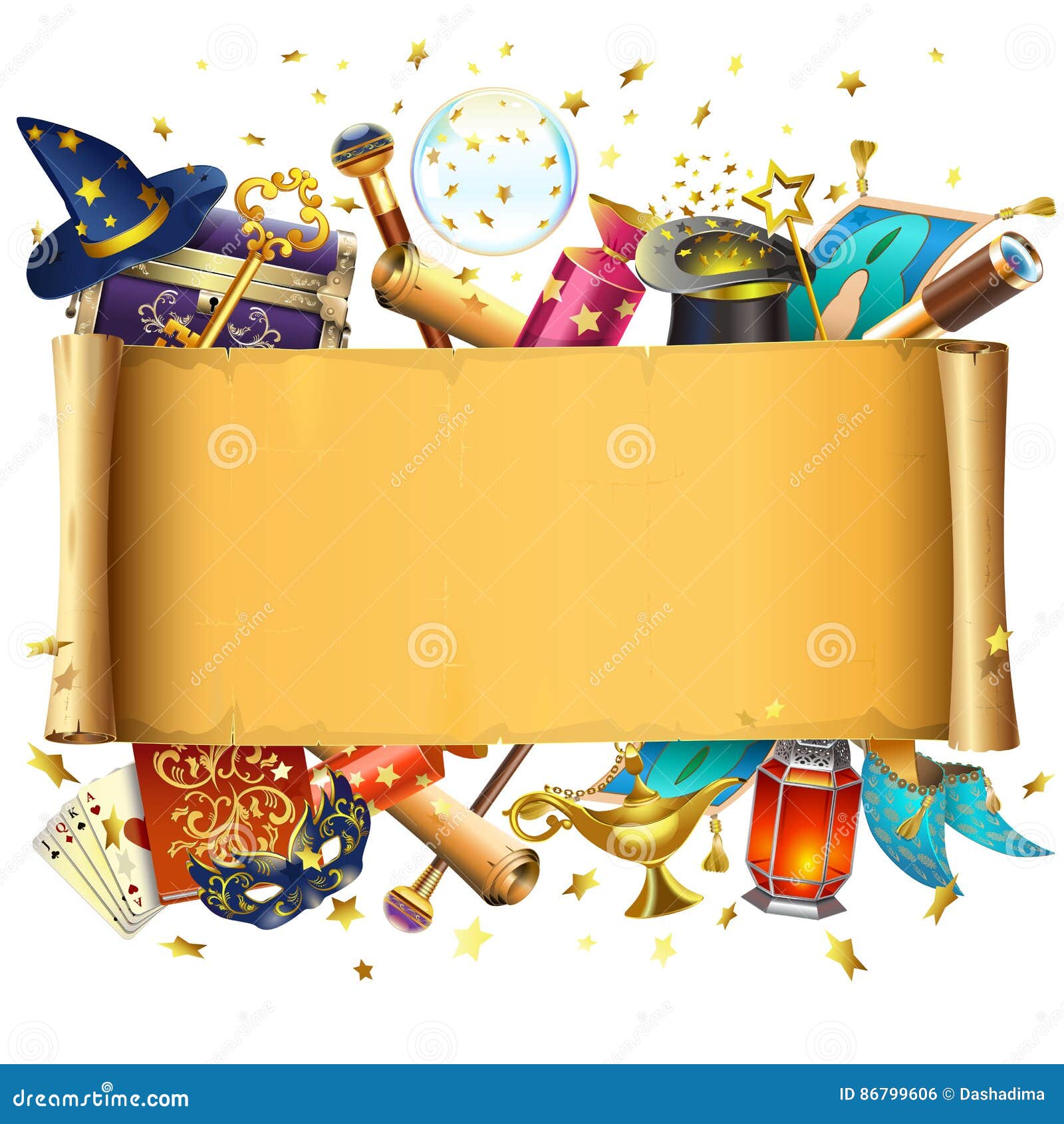 Vector Scroll with Magic Accessories Stock Vector - Illustration of ...