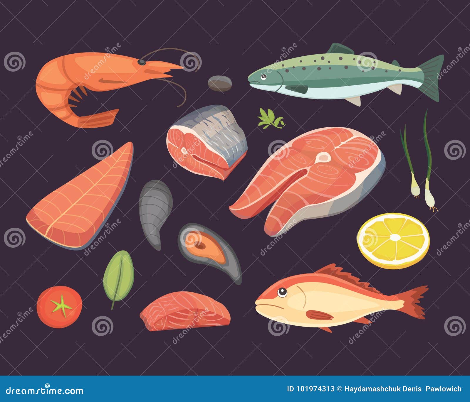 Vector Seafood Illustrations Set Flat Fresh Fish Stock Vector ...