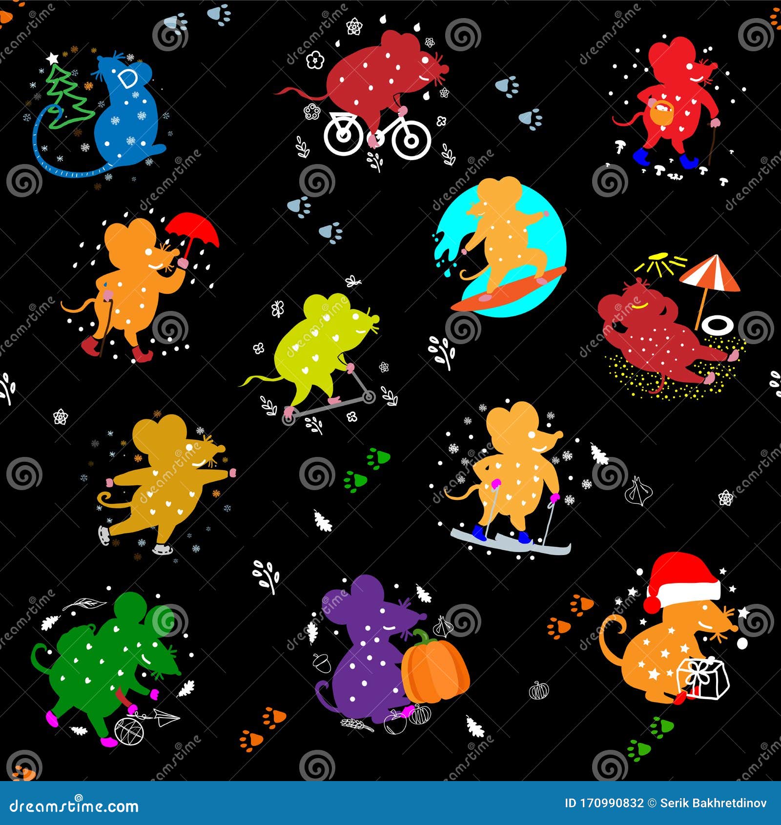 Vector Seamless Background with Various Mice, Symbol of 2020. Stock ...