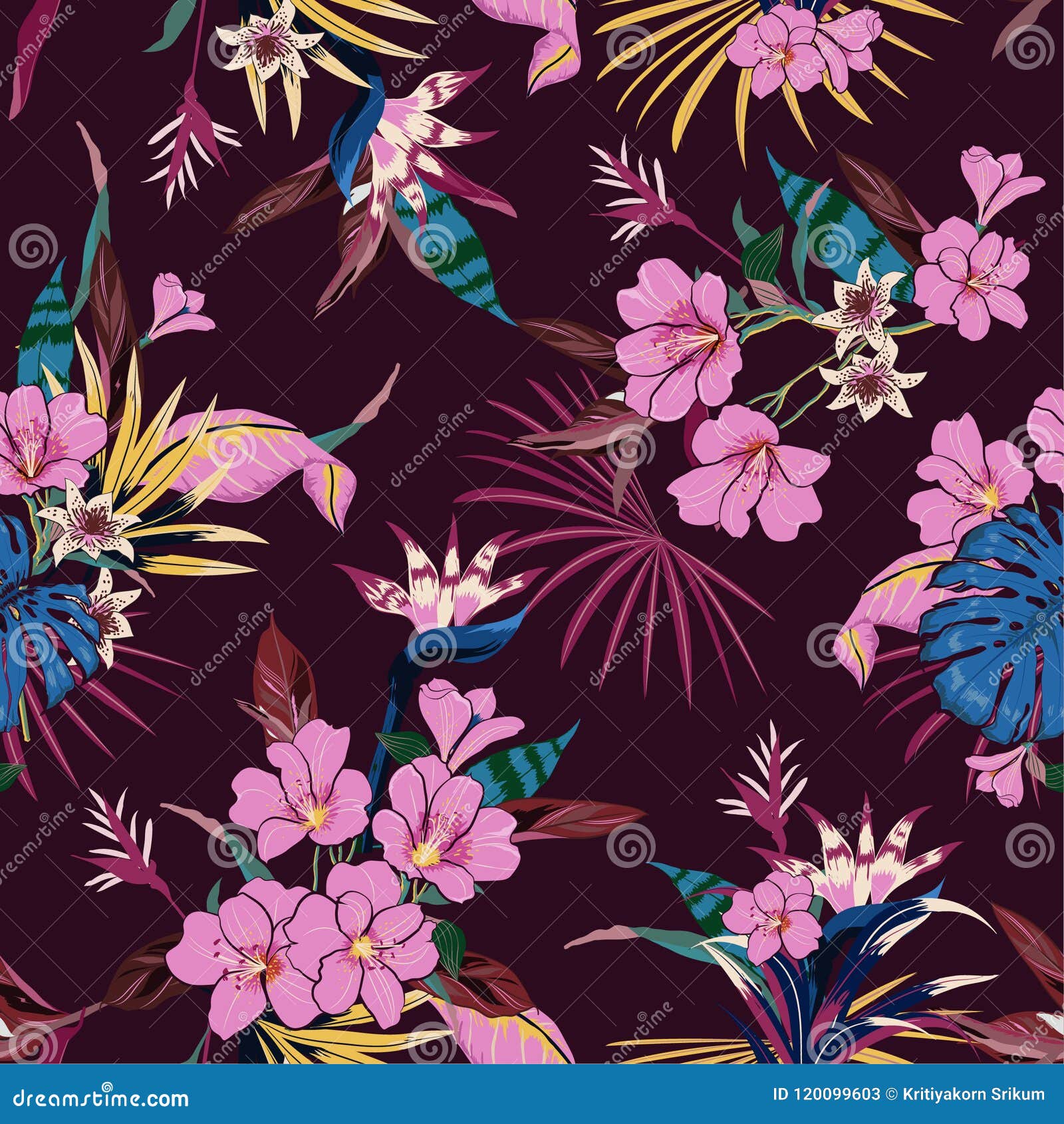 Vector Seamless Beautiful Artistic Dark Tropical Pattern with Ex Stock ...