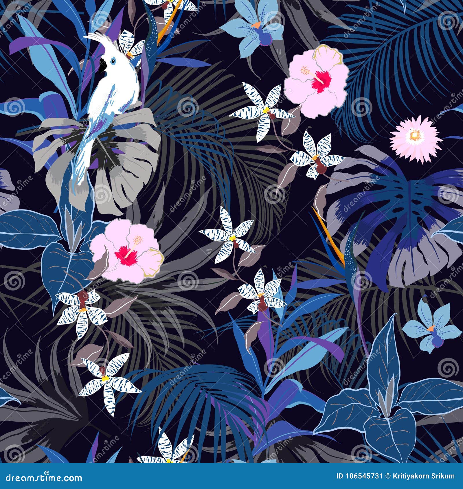 Vector Seamless Beautiful Artistic Summer Dark Tropical Pattern Stock ...
