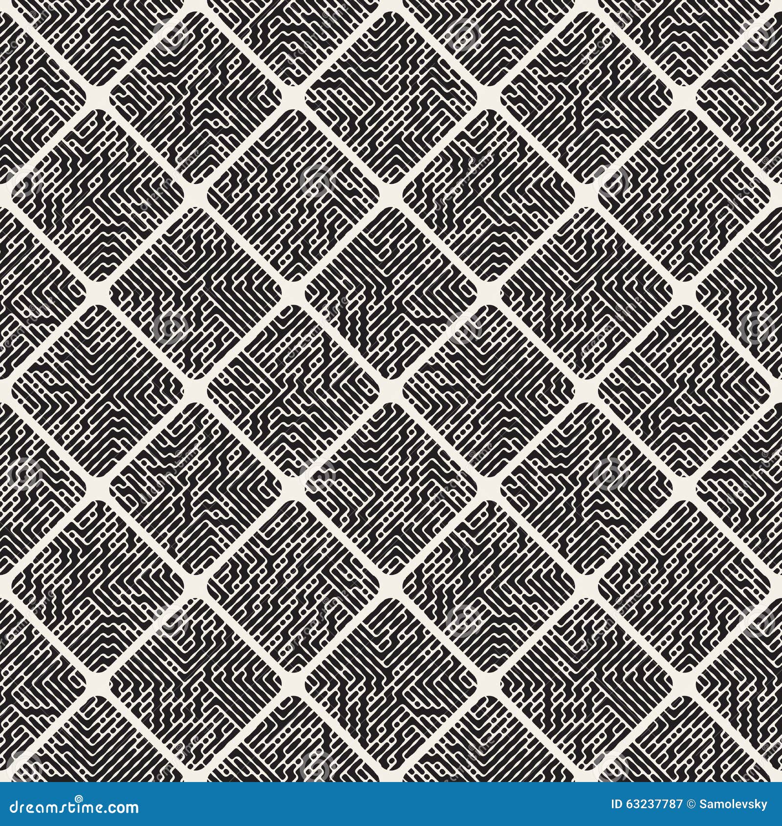 Vector Seamless Black and White Rounded Rhombus Pavement Fillesd with Maze Lines Pattern Stock ...