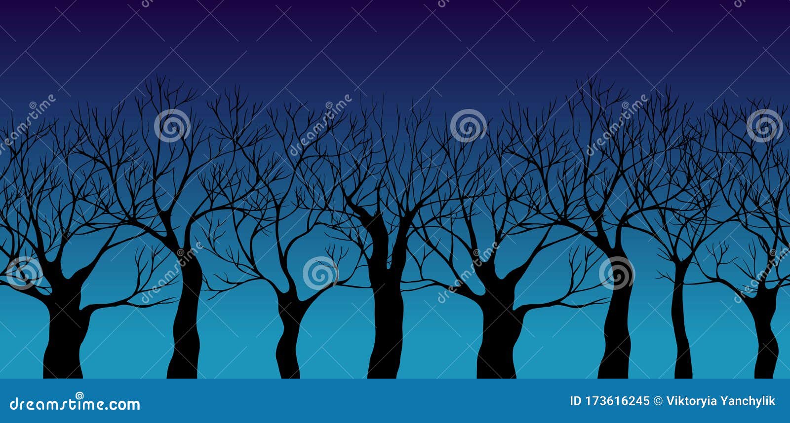 Vector Seamless Border. Black Hand Drawn Trees on Dark Blue Sky Stock ...