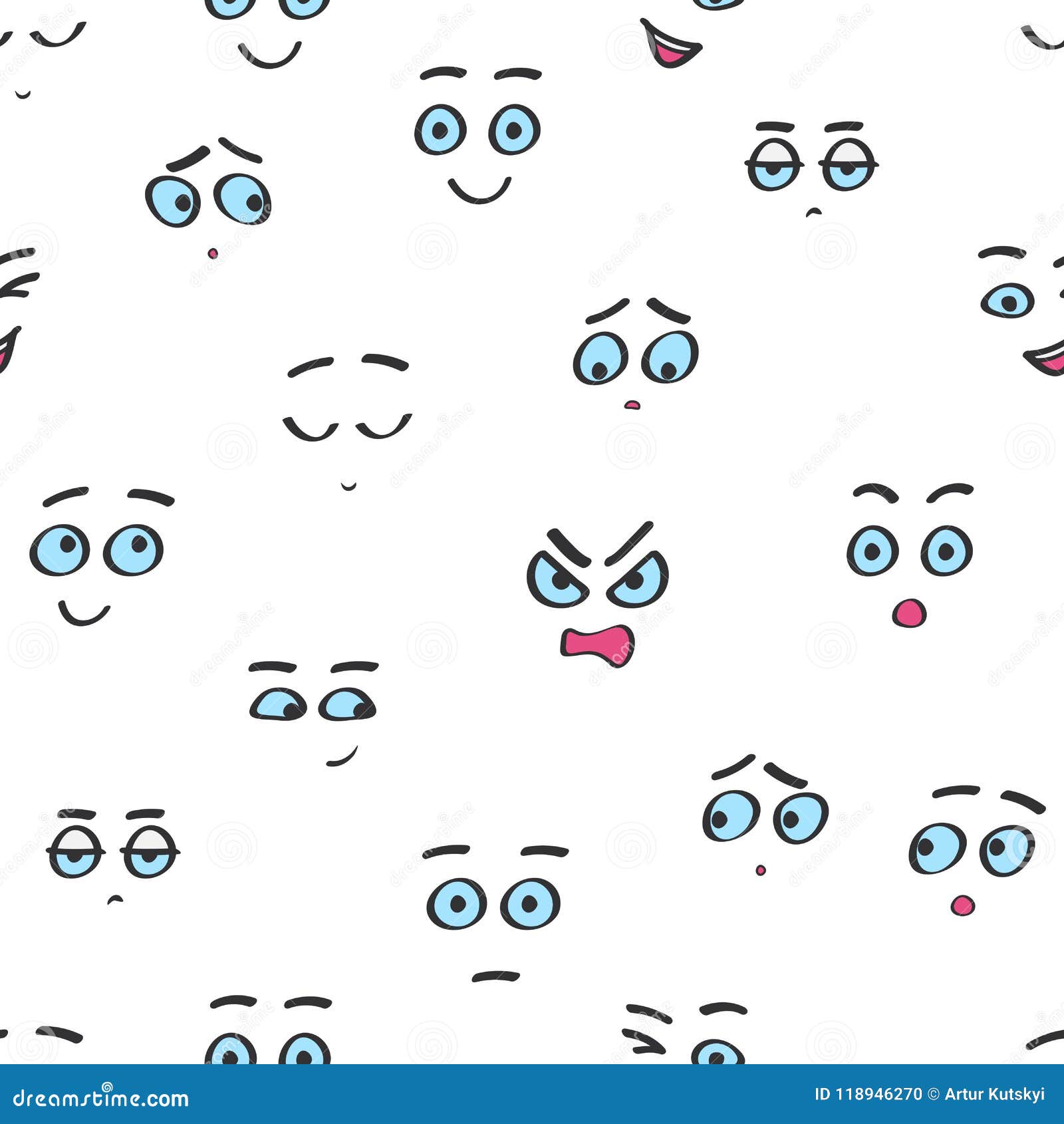 Vector Seamless Cartoon Smileys Faces Pattern. Funny Avatar Emotions ...