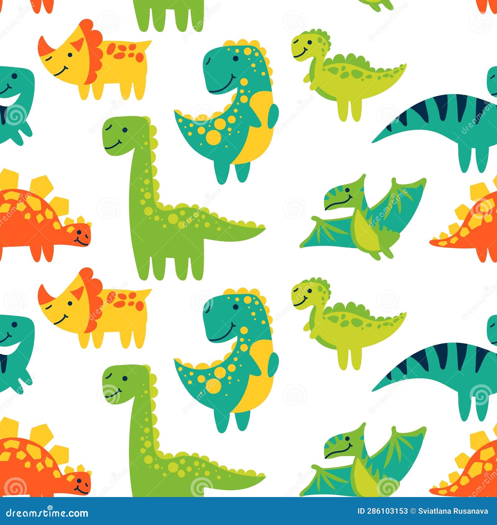 Vector Seamless Color Repeating Pattern with Dinosaurs in a Bright ...