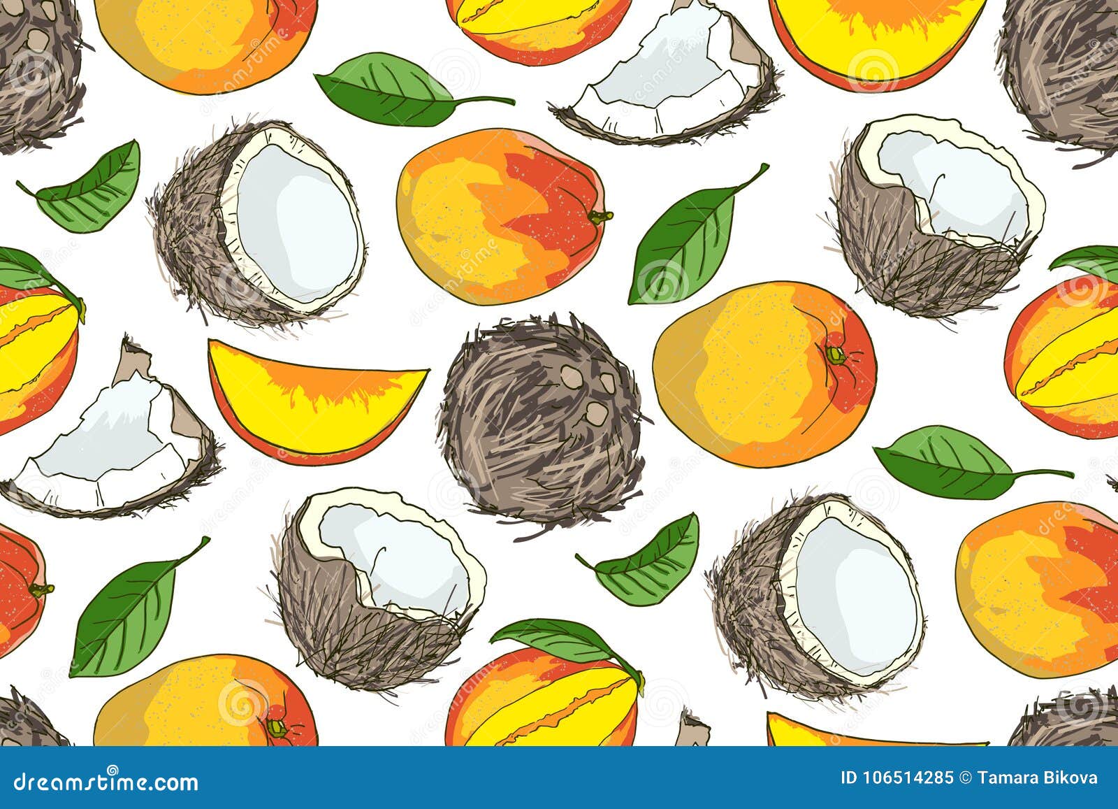 Seamless Pattern of Whole and Pieces of Coconut and Mango Stock Vector ...