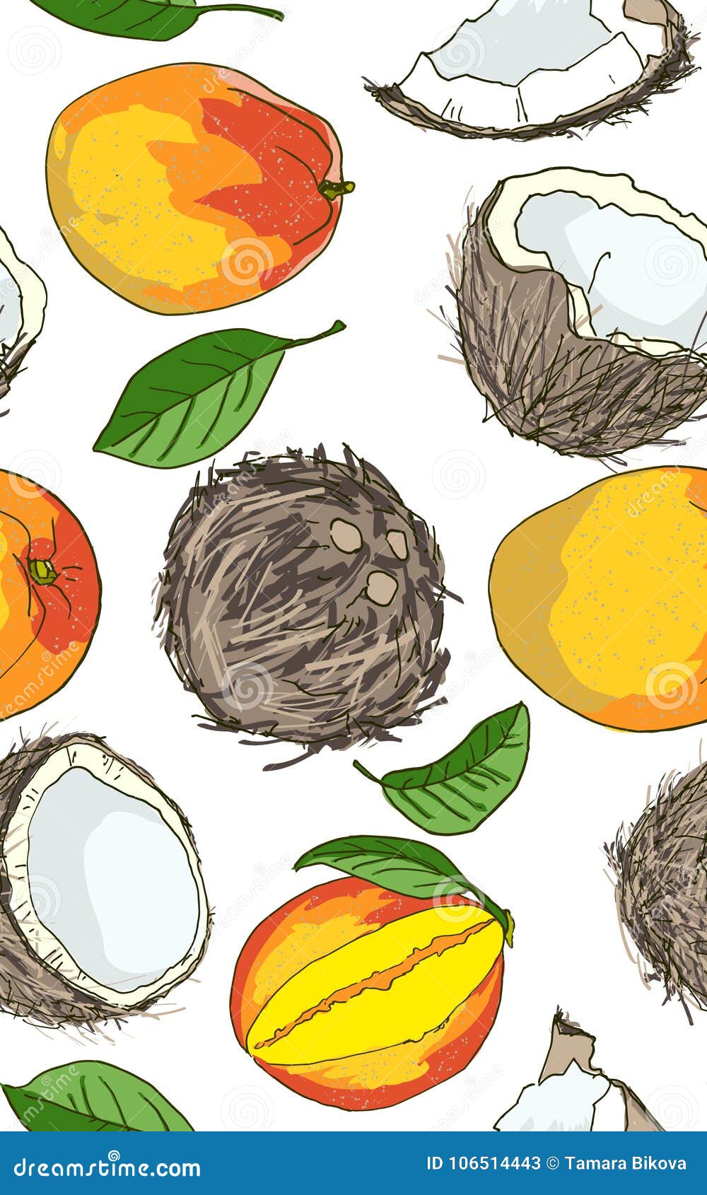 Seamless Pattern of Whole and Pieces of Coconut and Mango Stock Vector ...