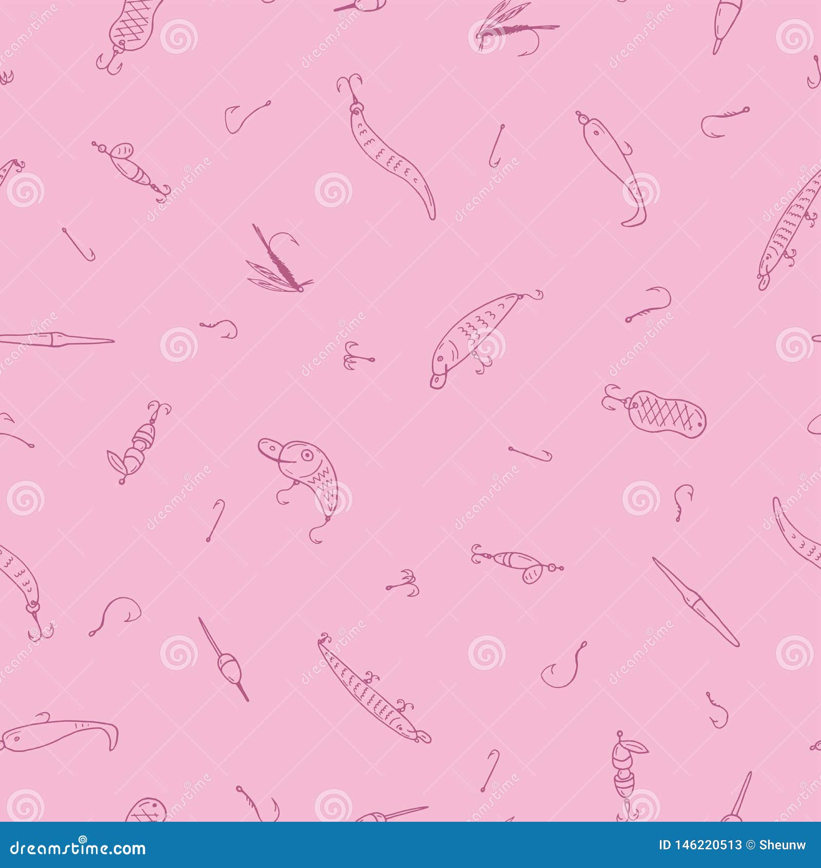 Vector Seamless Decorative Pattern with Fishing Elements, Doodle Style ...