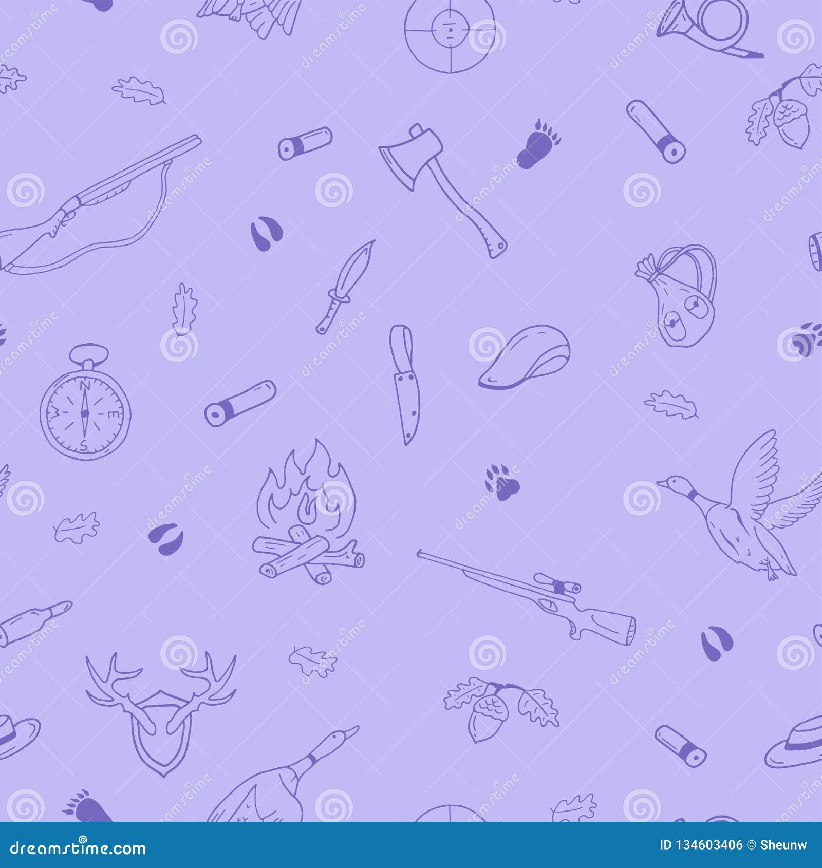 Vector Seamless Decorative Pattern with Hunting Elements, Doodle Style ...