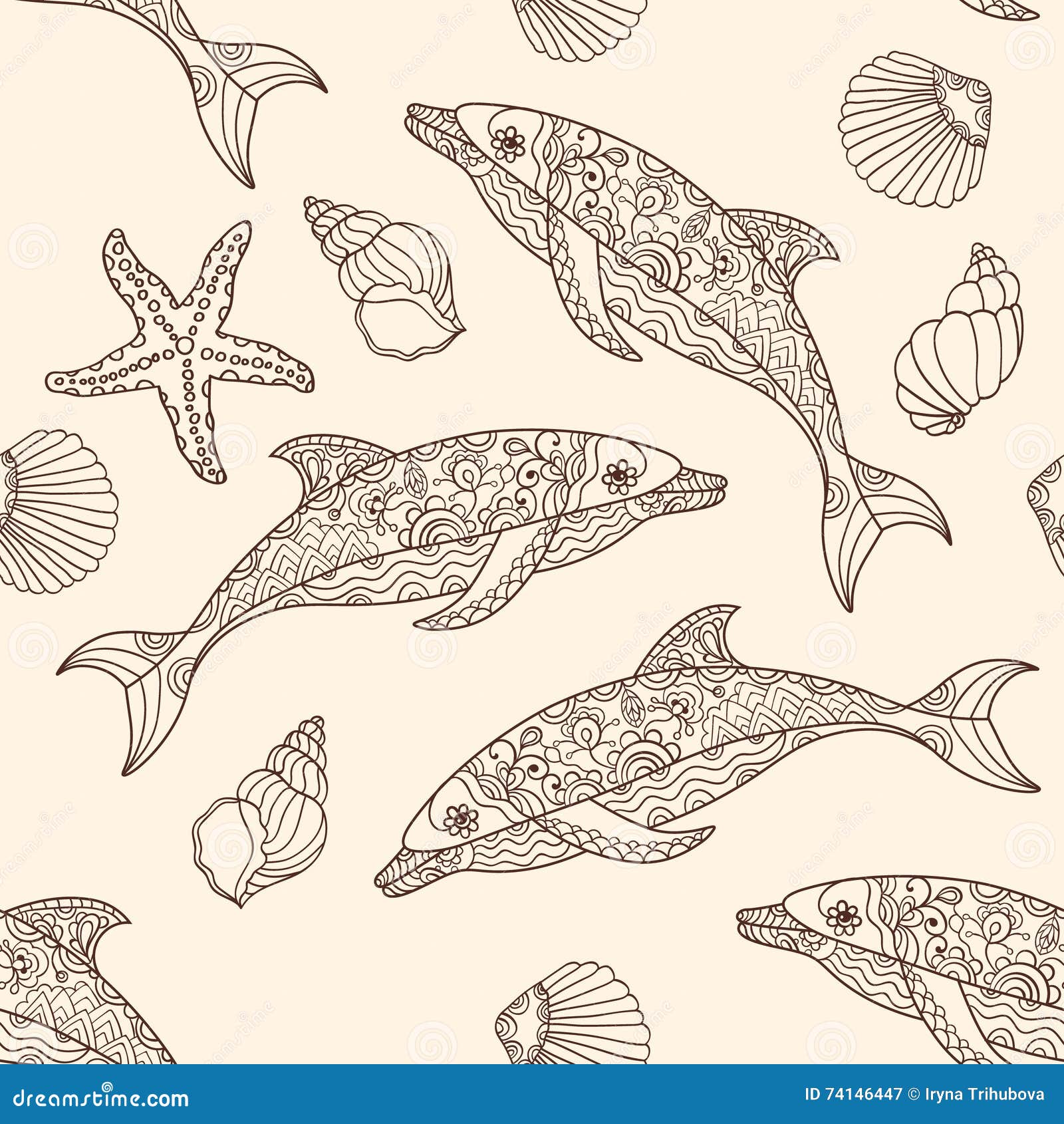 Vector Seamless Dolphin Pattern with Hand Drawn Doodle Illustrations ...