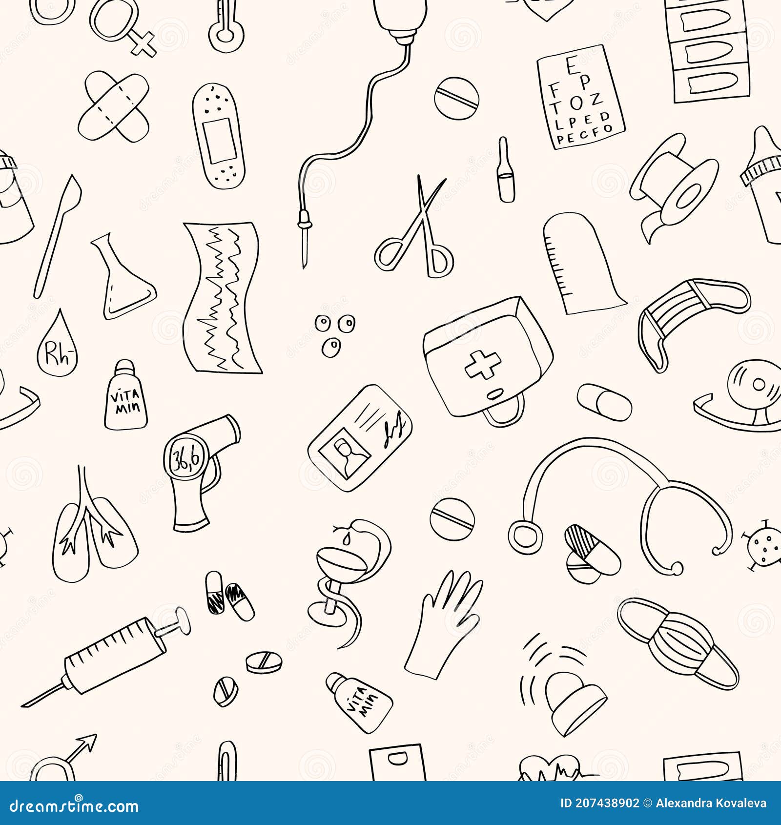 Vector Seamless Doodle Linear Image Illustration on Medical and ...