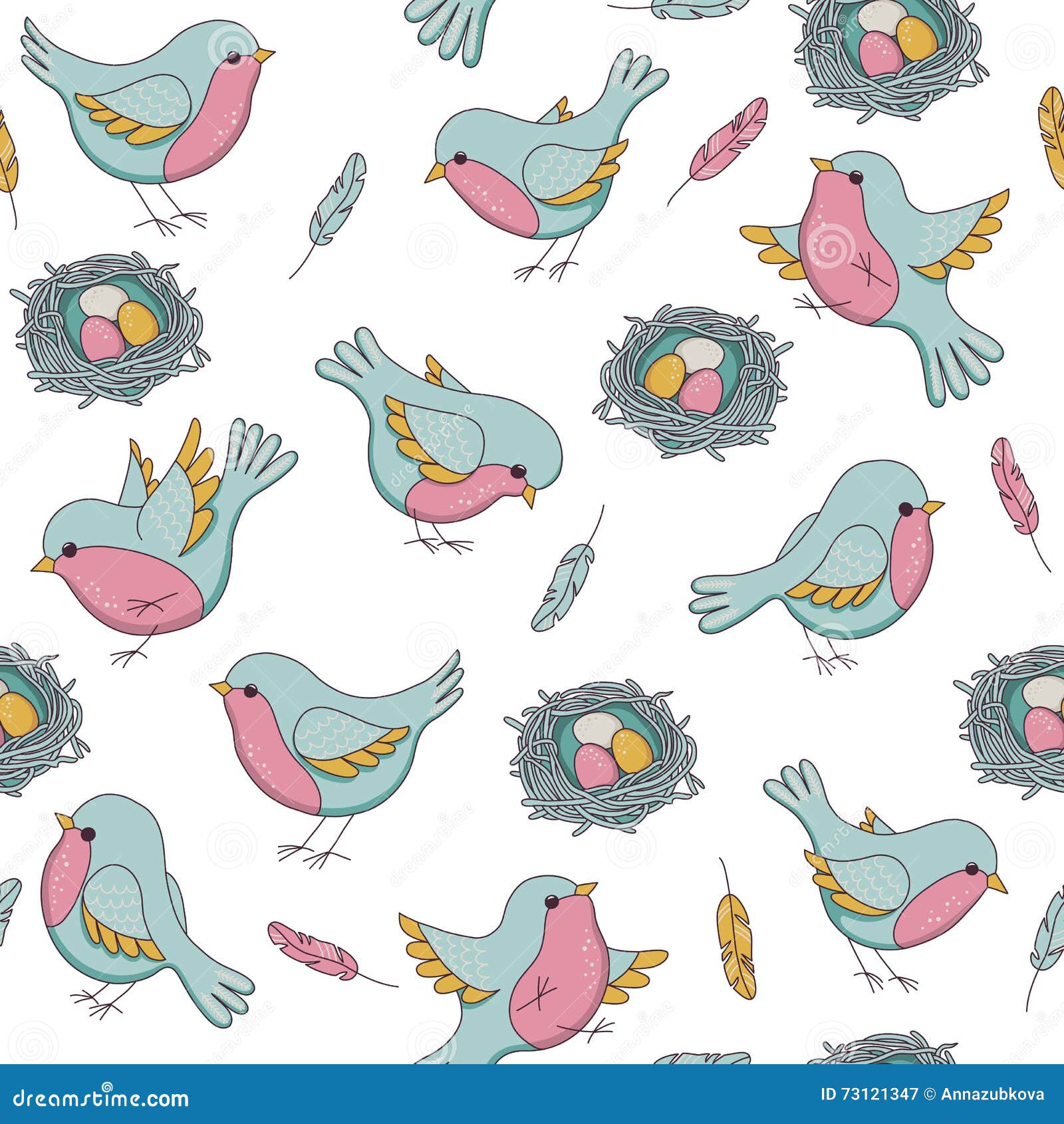 Vector Seamless Easter Pattern with Birds, Nests, Eggs and Feathers ...