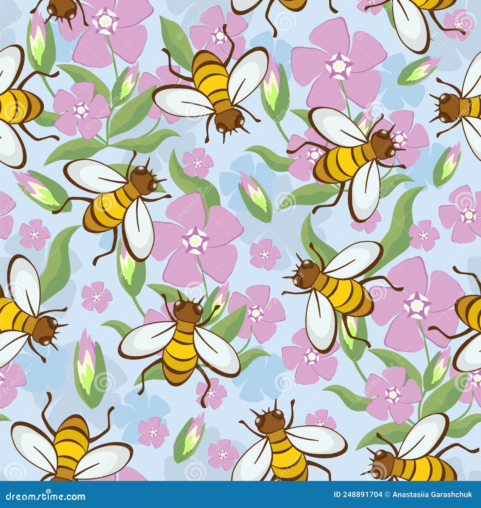 Vector Seamless Floral Pattern with Bees on Pink Flowers. Stock Vector ...