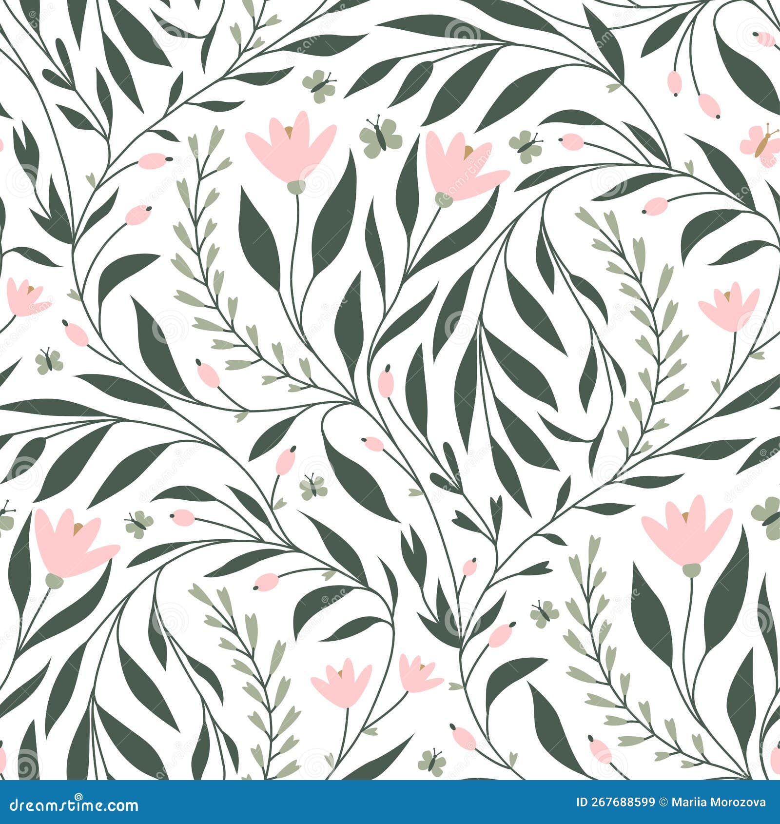Vector Seamless Floral Pattern with Small Pink Flowers and Butterflies ...
