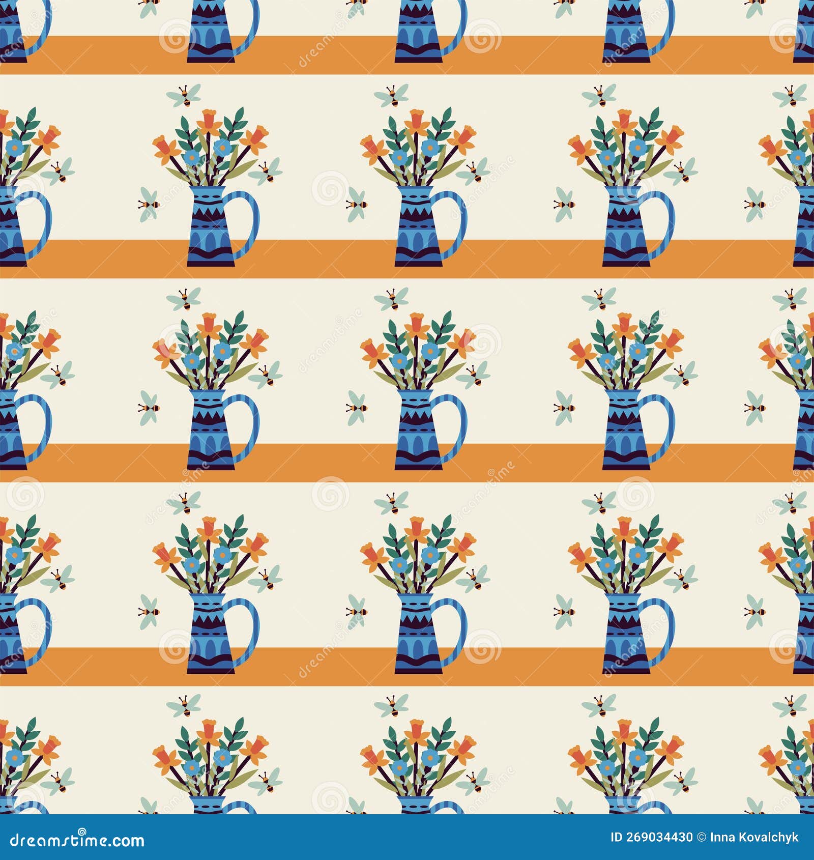 Vector Seamless Floral Pattern, Texture with Blue Vases with a Bouquet ...