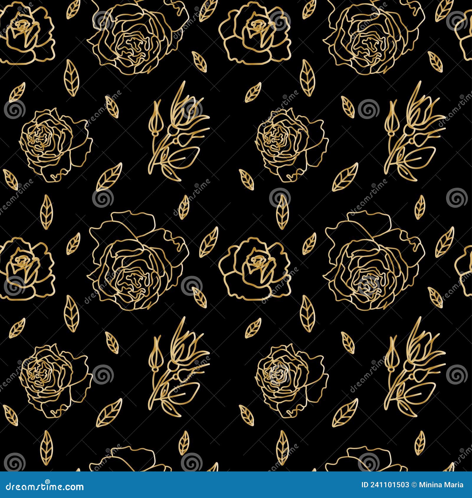 Vector Seamless Gold Floral Pattern on Black Isolated Background ...