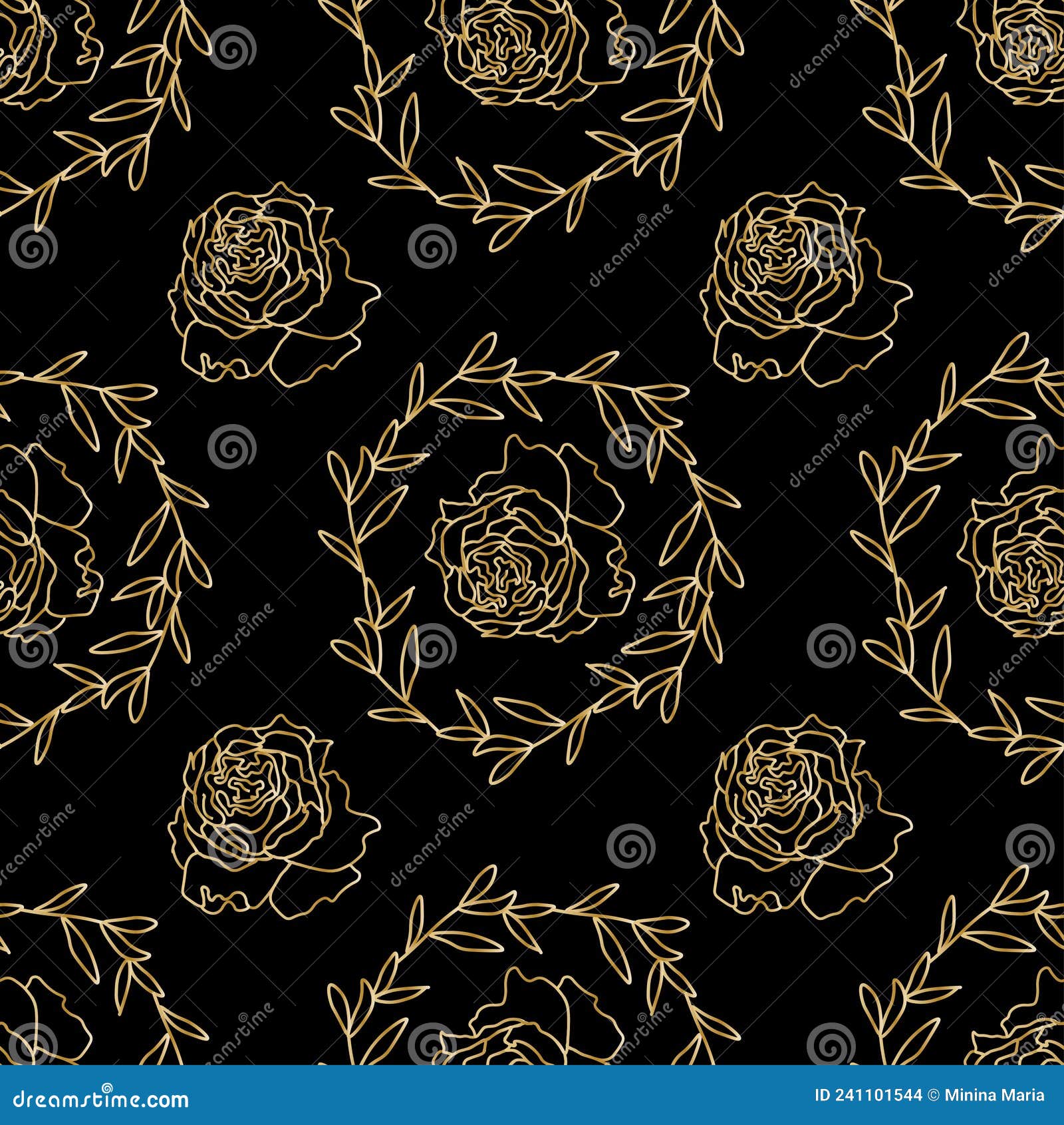 Vector Seamless Gold Floral Pattern on Black Isolated Background ...