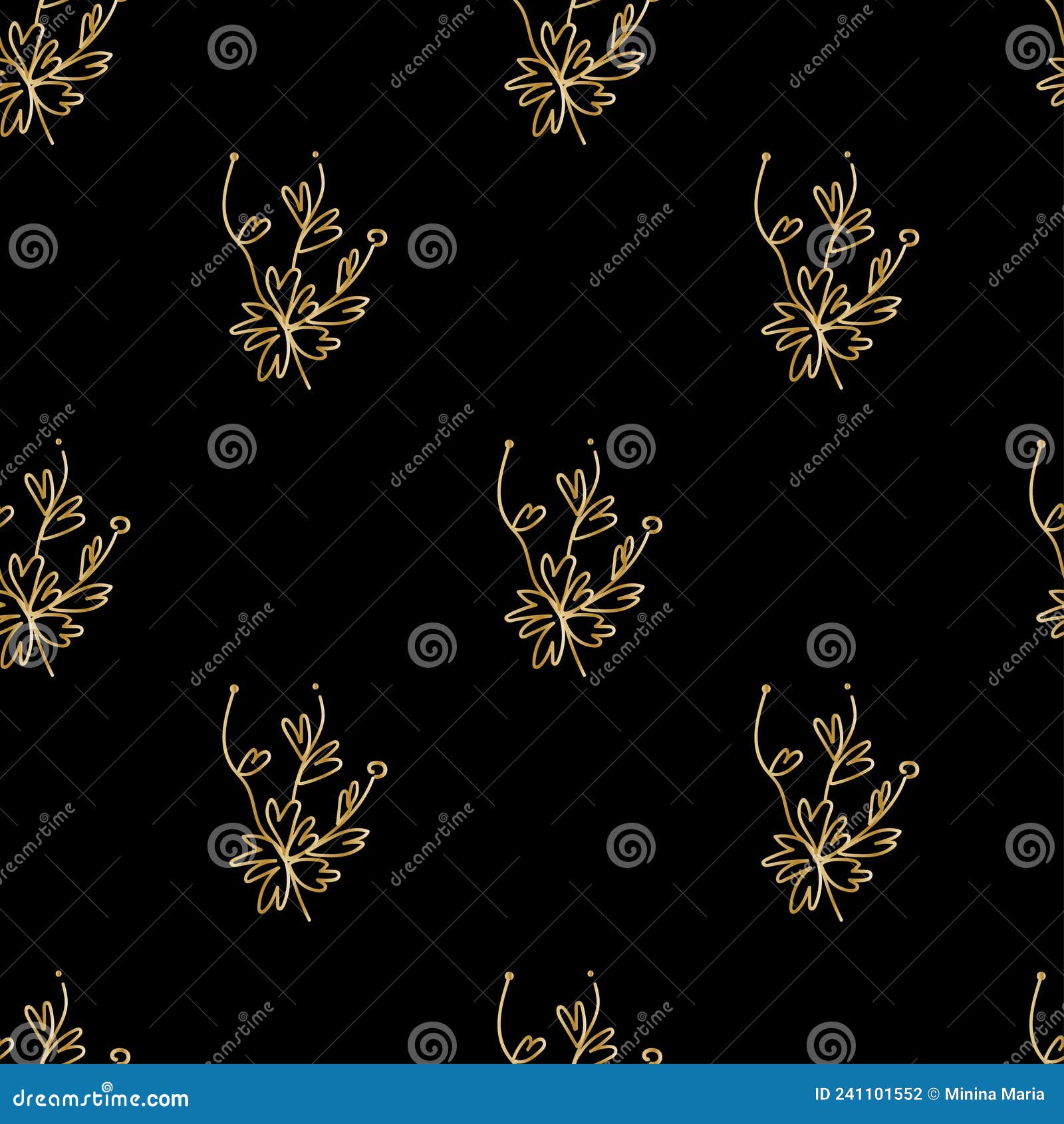 Vector Seamless Gold Floral Pattern on Black Isolated Background ...