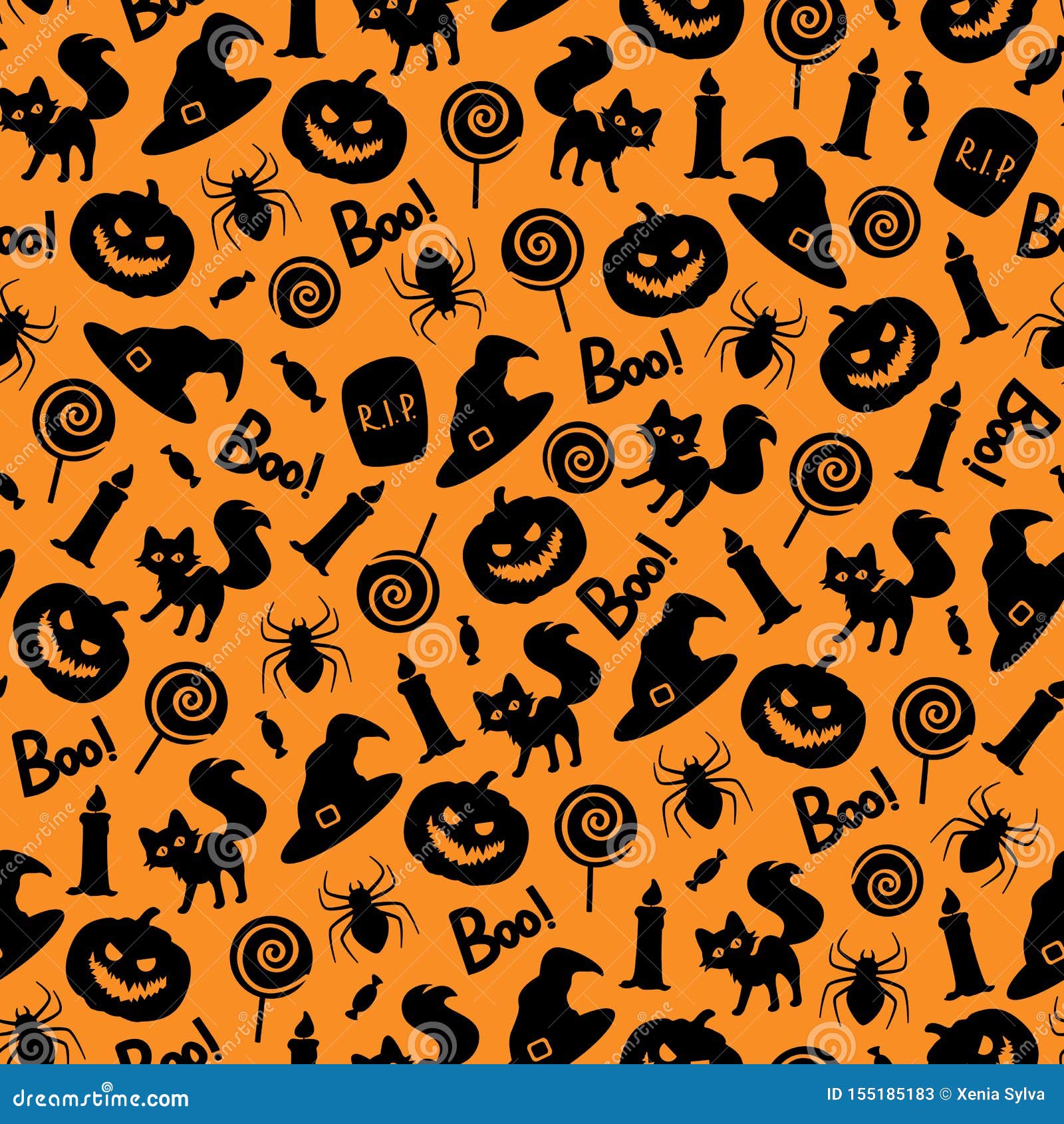 Vector Seamless Halloween Pattern on Orange Background Stock Vector ...