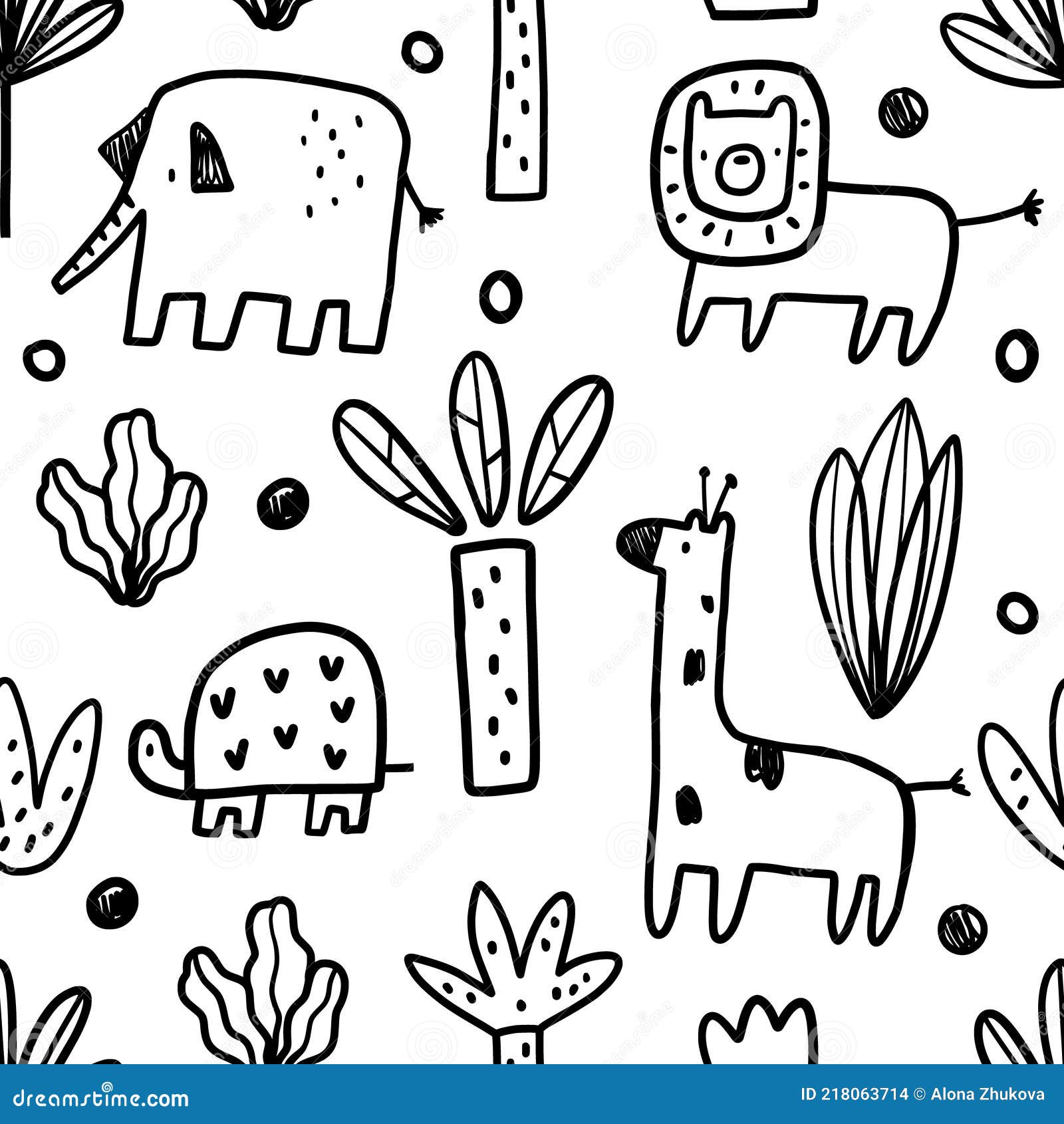 Vector Seamless Hand Drawn Doodle Pattern with Safari Animals and ...