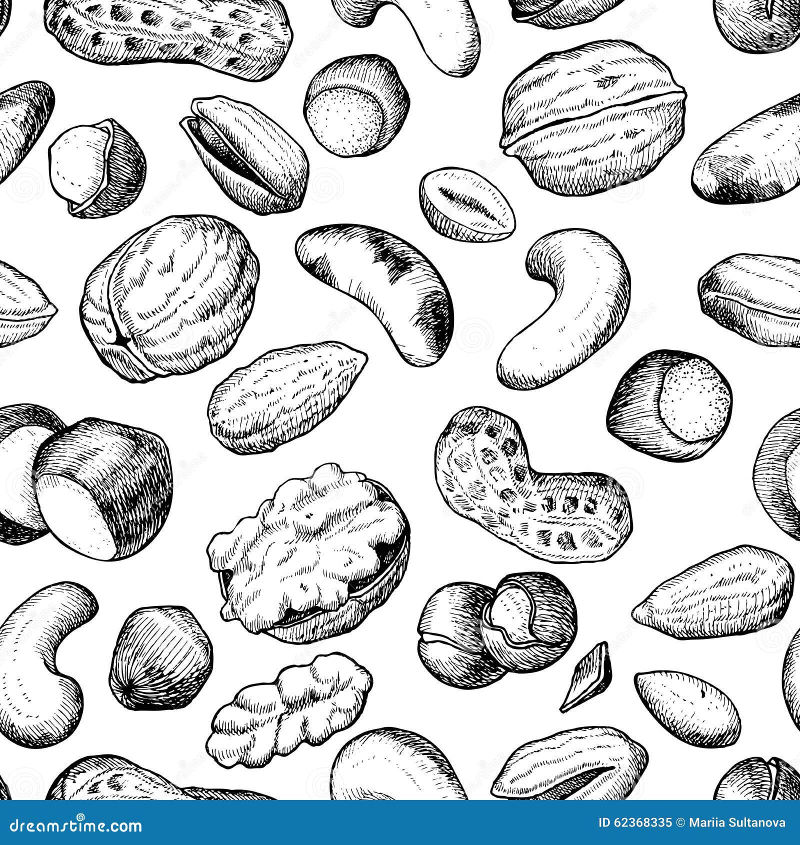 Vector Seamless Hand Drawn Nuts Pattern. Stock Vector - Illustration of ...