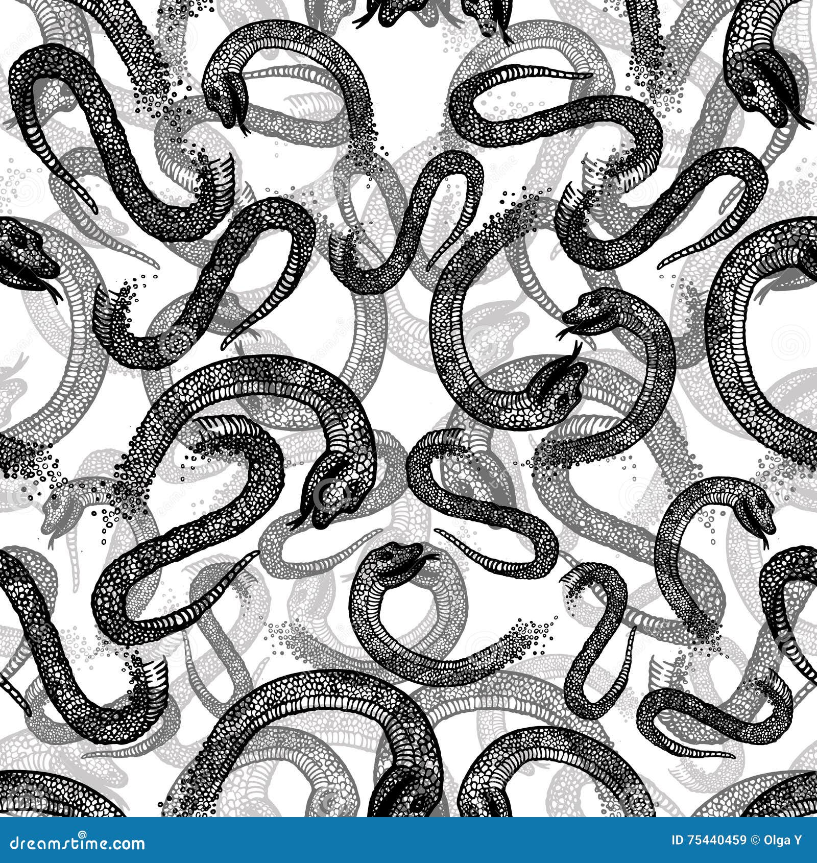 Vector Seamless Hand Drawn Pattern with Black Snakes on White ...