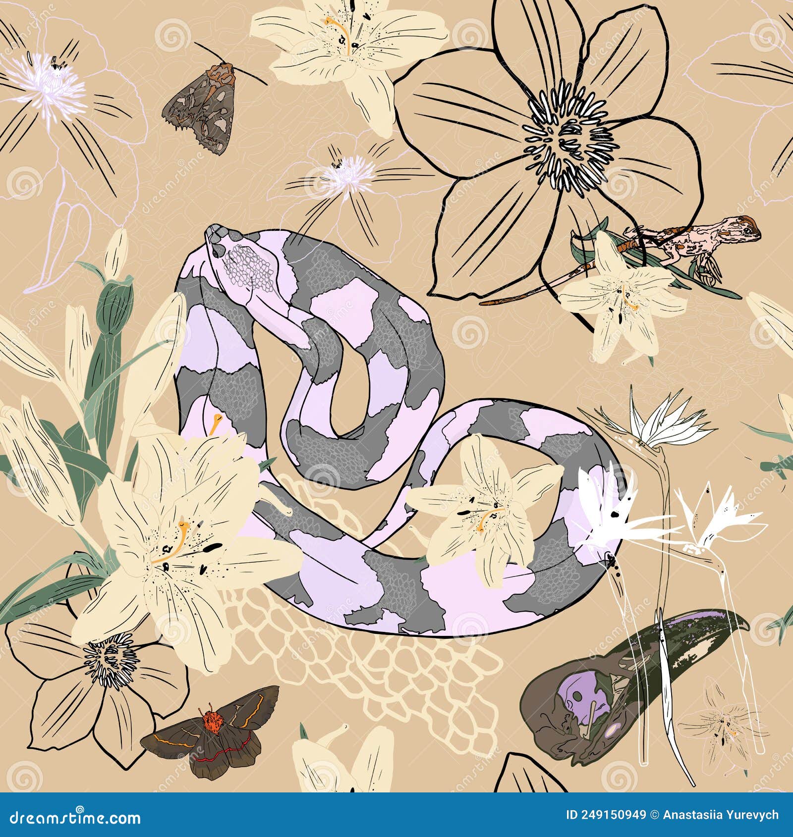 Vector Seamless Illustration of a Snake, Butterflies, Abstraction, Abstraction Pattern for Stock ...