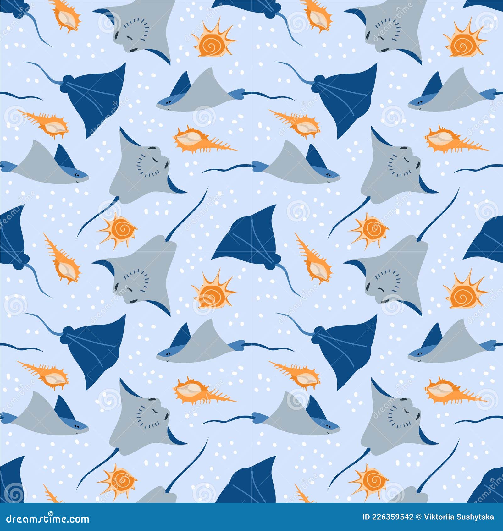 Vector Seamless Marine Pattern with Cartoon Stingrays and Shells ...