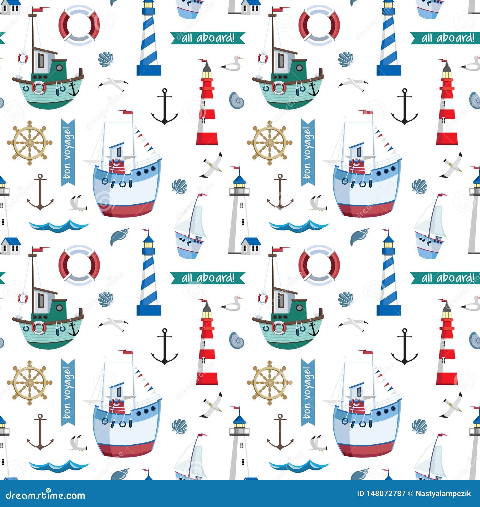 Vector Seamless Marine Pattern with Lighthouses, Ships, Gulls, Anchor ...