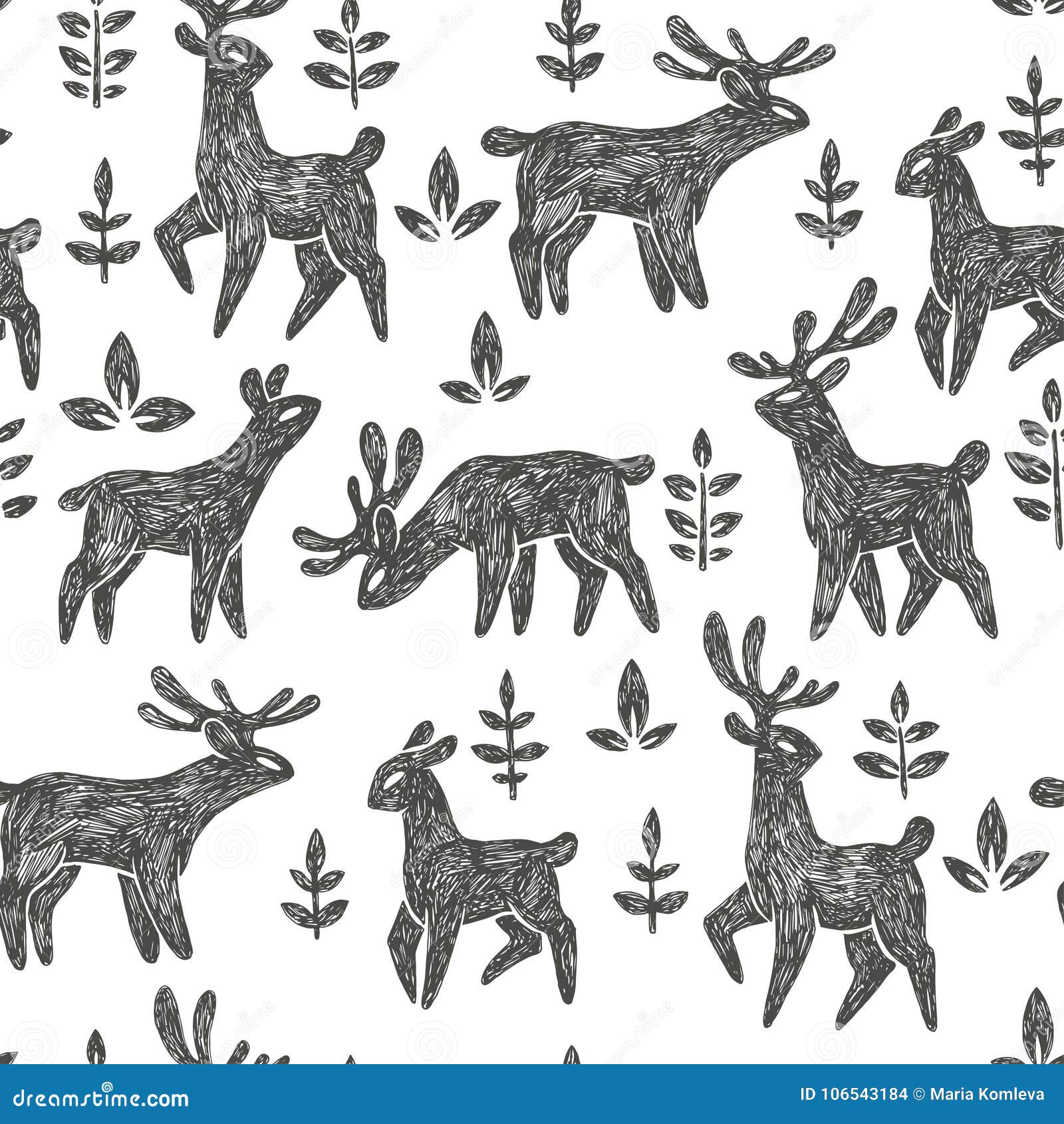Vector Seamless Pattern with Deer Herd in Forest. Hand Drawn Tex Stock ...