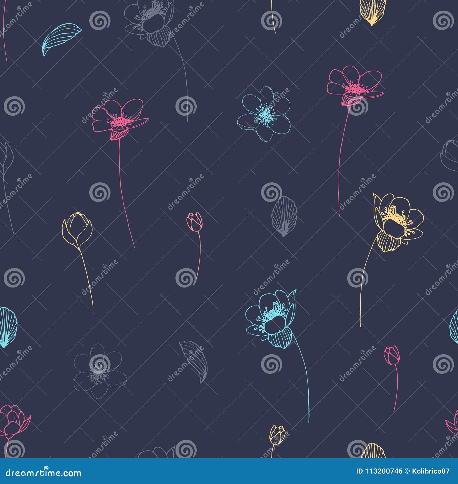 Vector Seamless Outline Flower Pattern Stock Vector - Illustration of ...