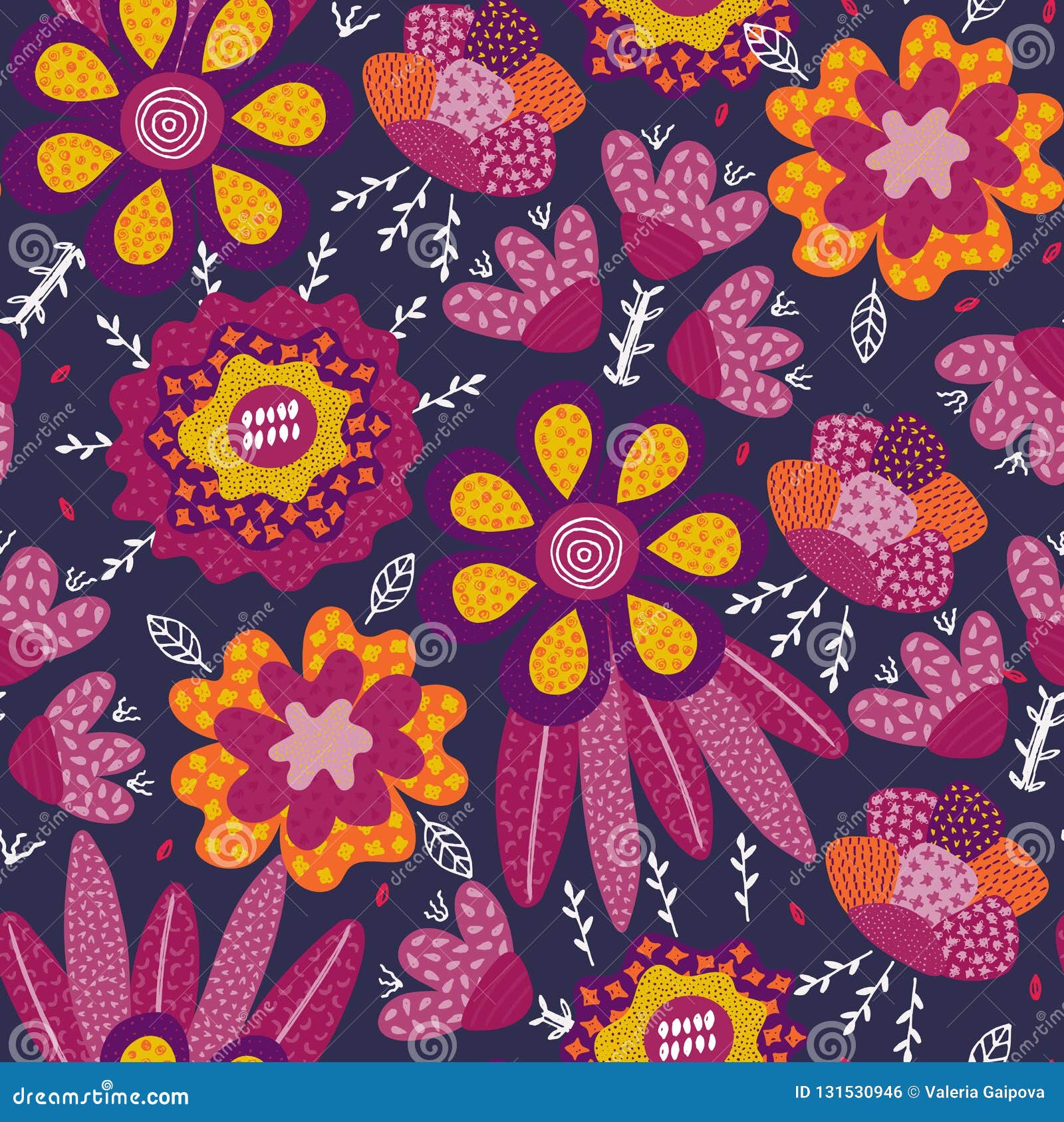 Vector Seamless Pattern. Abstract Hand Drawn Flowers with Different ...