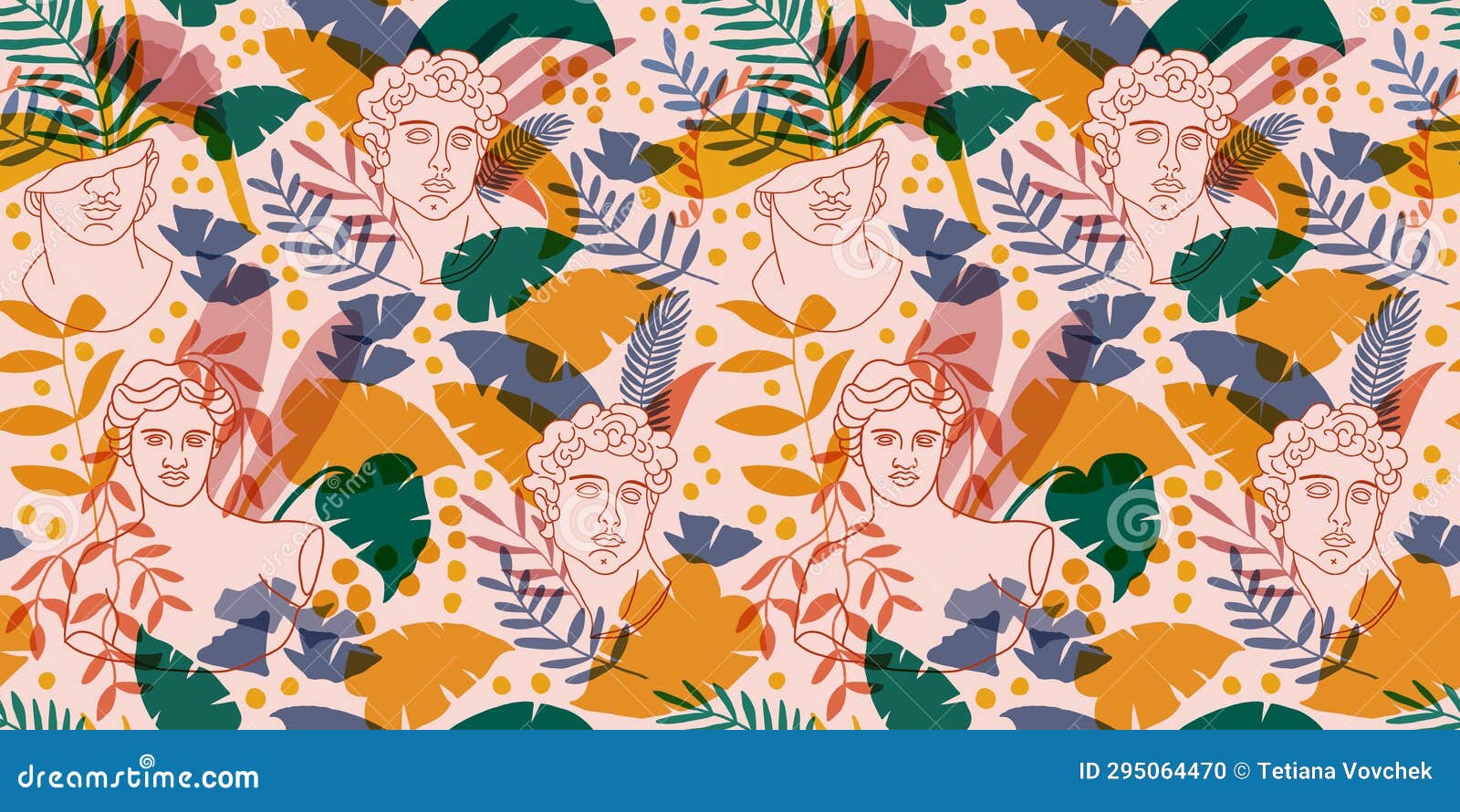 Vector Seamless Pattern with Antique Statues and Tropical Plants Stock ...
