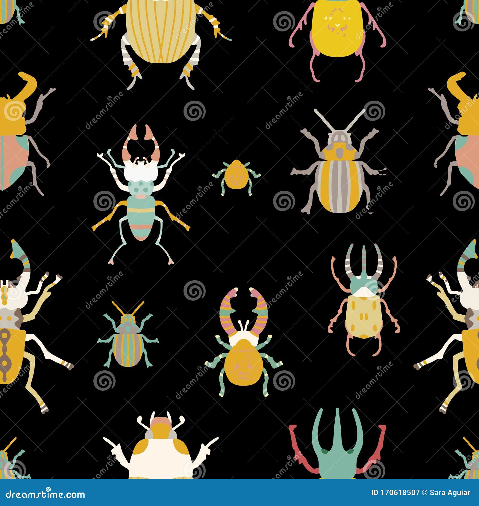 Vector Seamless Pattern Background with Bugs. Black Background. Stock ...