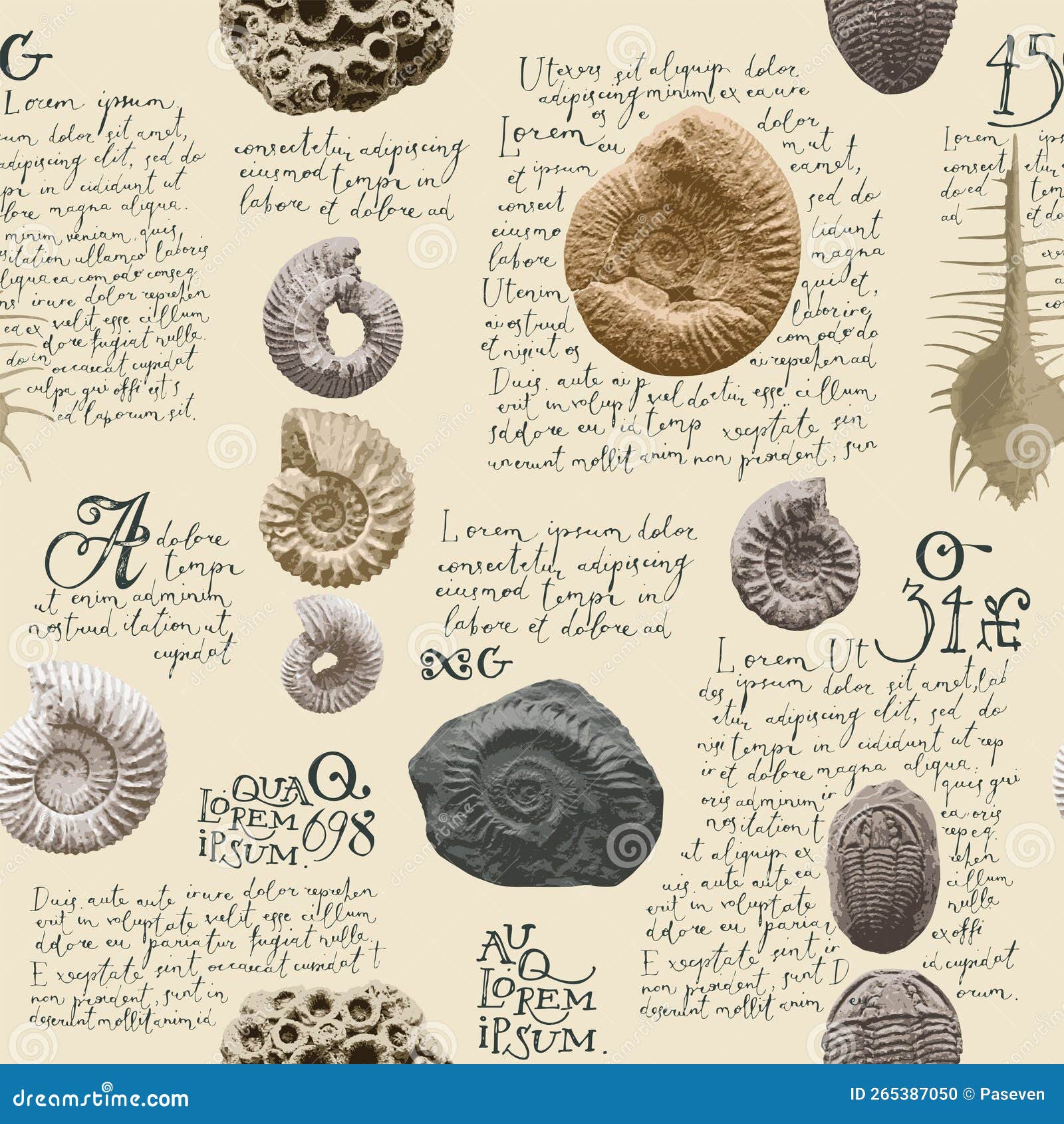 Seamless Pattern with Ancient Ammonite Shells and Trilobites Stock ...