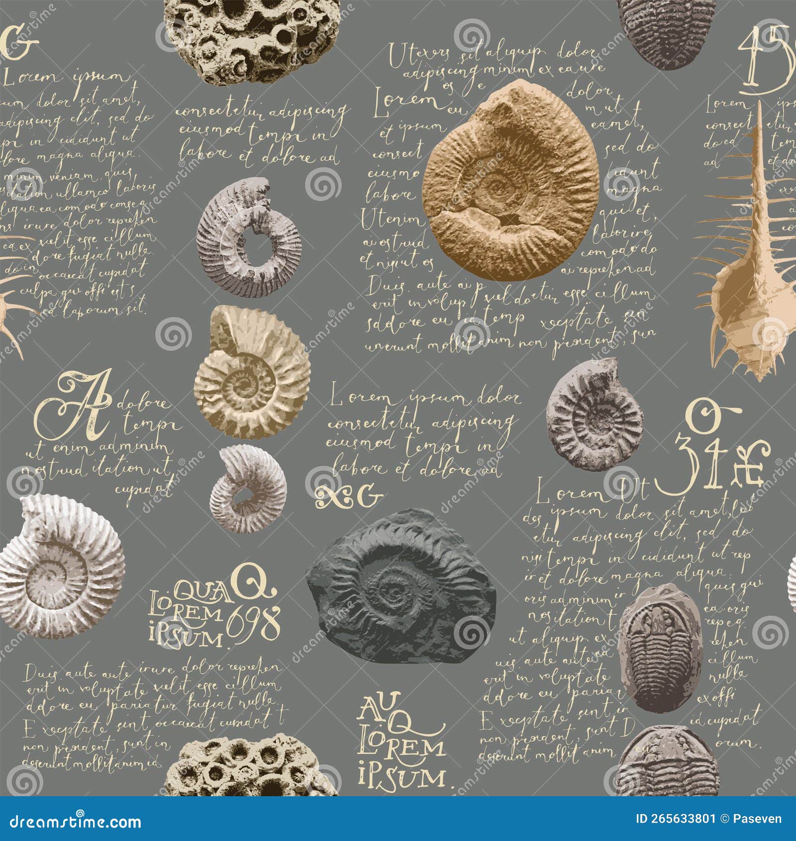 Seamless Pattern with Ancient Ammonite Shells and Trilobites Stock ...