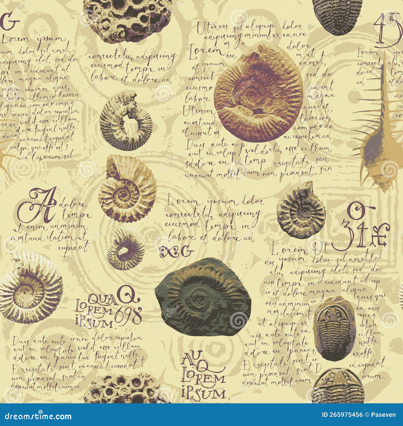 Seamless Pattern with Ancient Ammonite Shells and Trilobites Stock ...