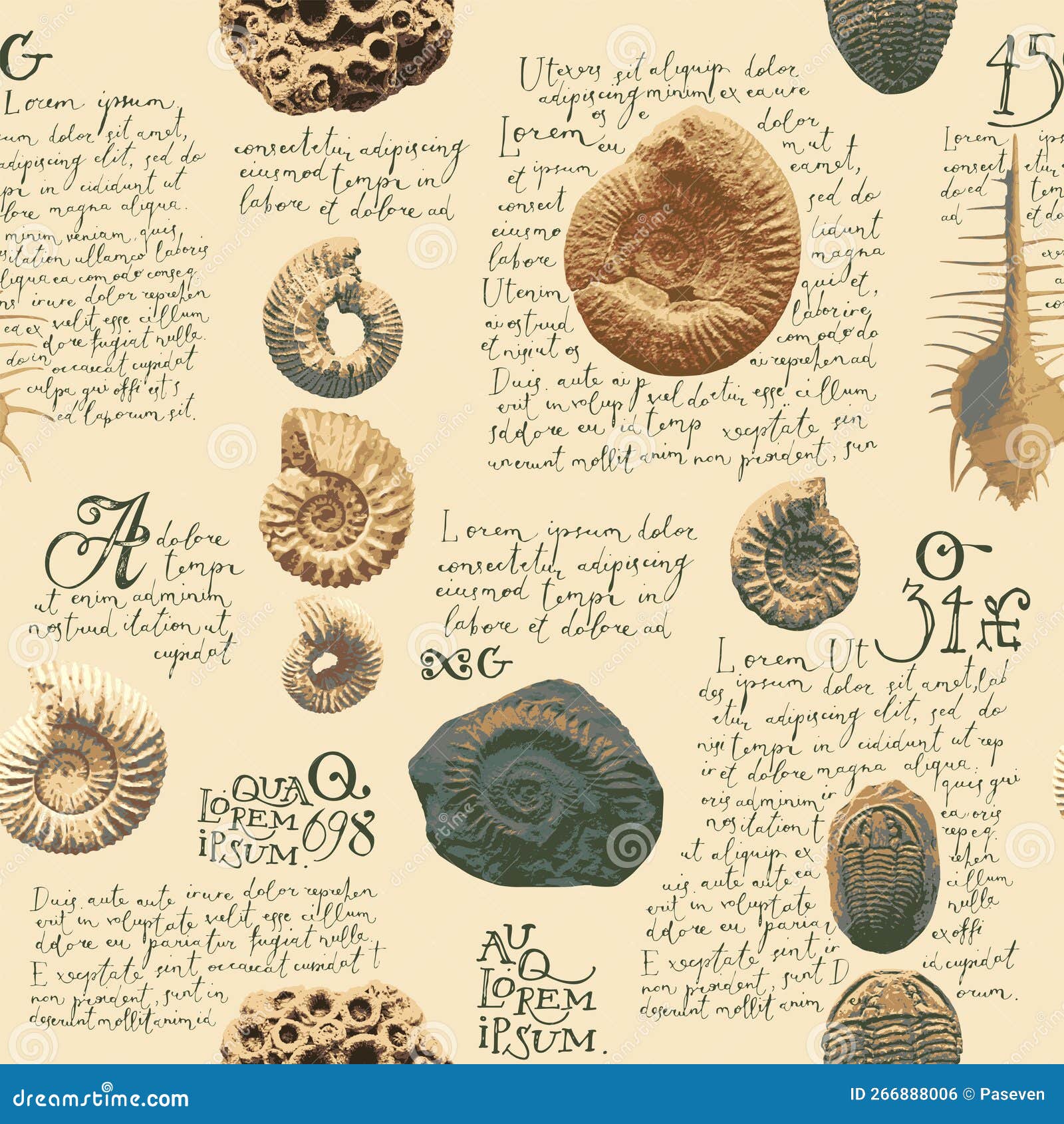 Seamless Pattern with Ancient Ammonite Shells and Trilobites Stock ...