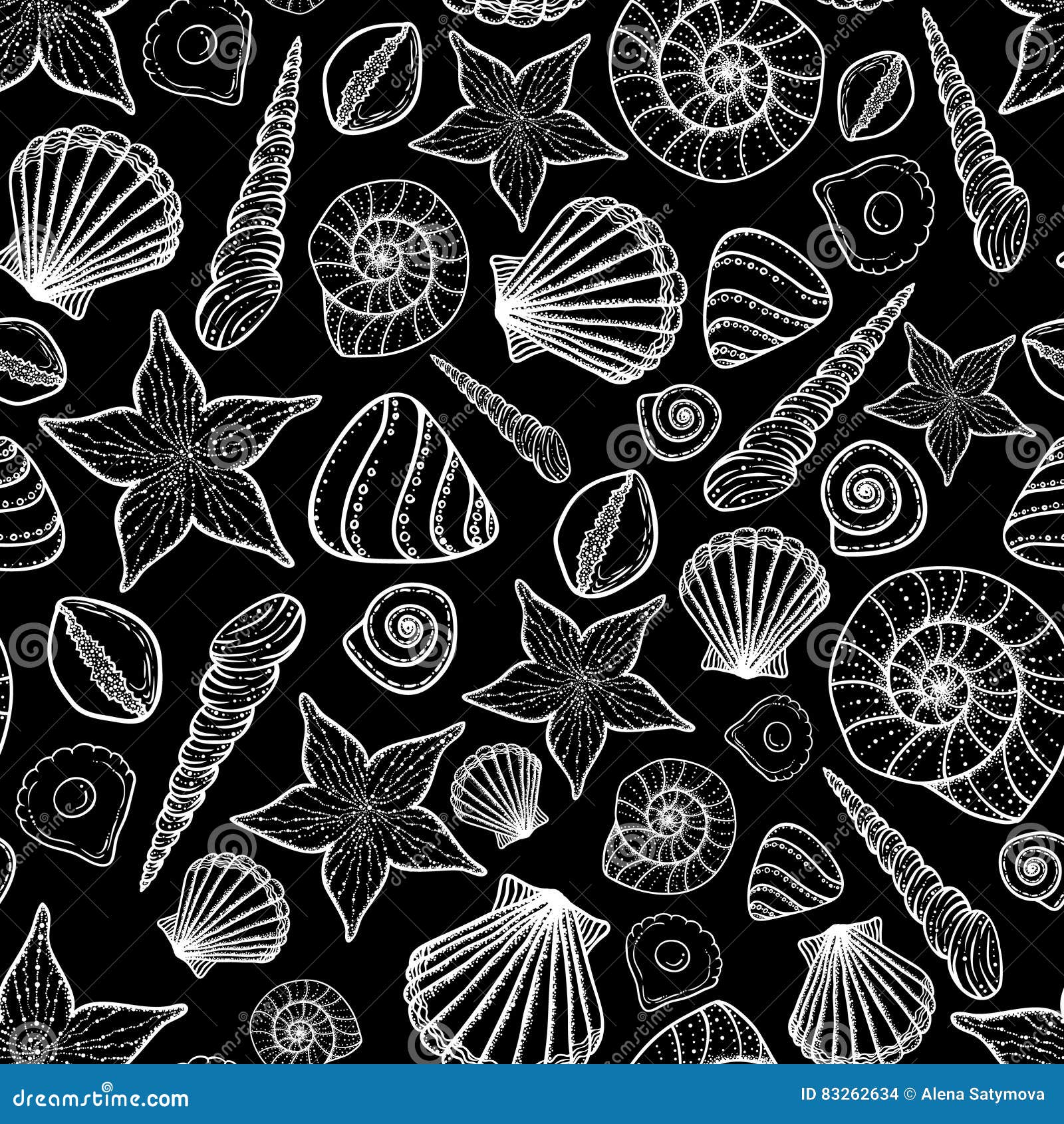 Vector Seamless Pattern with Beach Seashells Doodle Style. Tattoo Stock ...