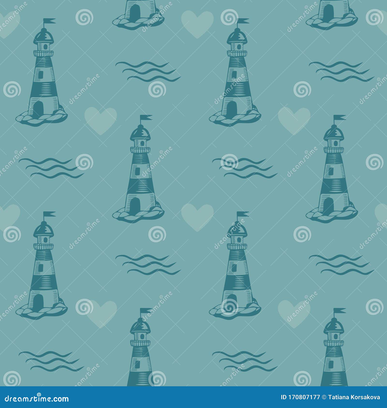 Vector Seamless Pattern with Beacons, Waves and Hearts with Muted Blue ...