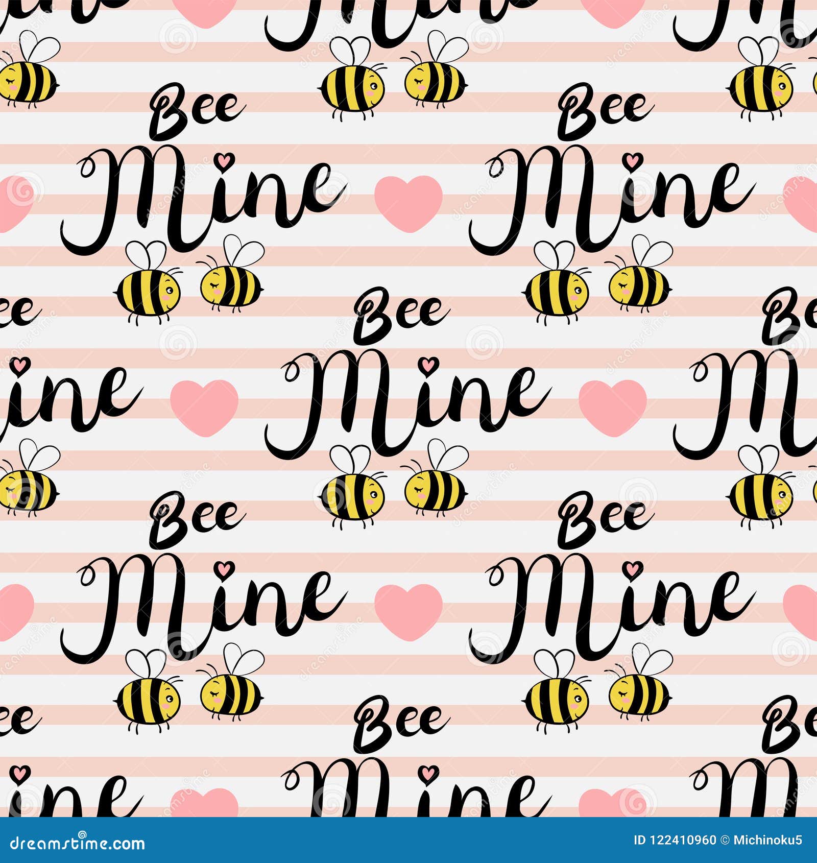 Vector Seamless Pattern with Bees in Love. Bee Mine Text. Stock Vector ...